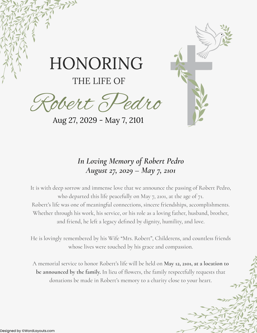 Graceful Remembrance Obituary Template - WordLayouts