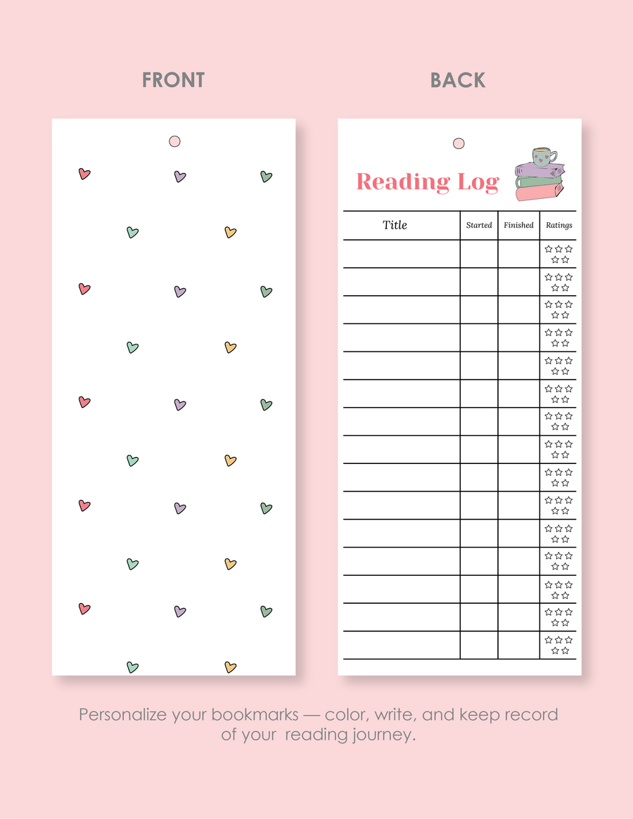 Heartful Reading Log Bookmark Template - WordLayouts
