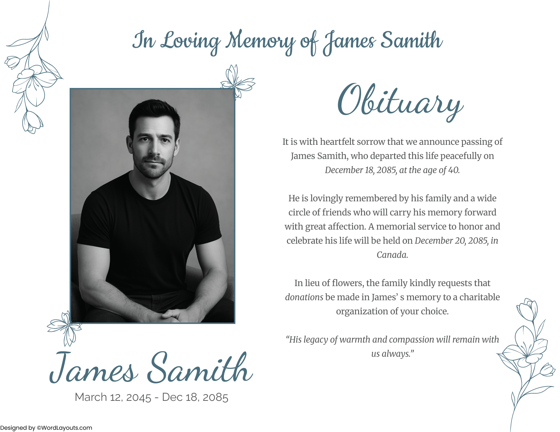 Honoring a Gentle Soul Obituary Template - WordLayouts