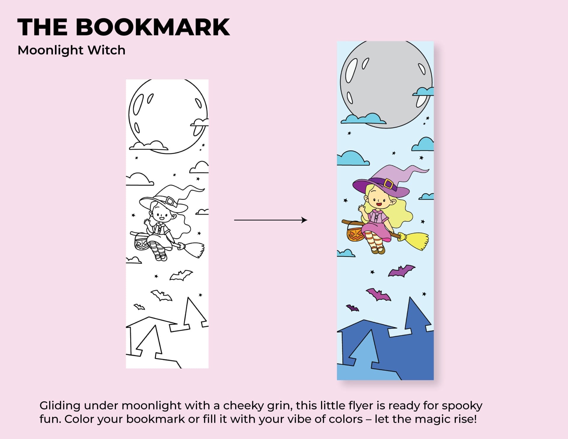 Moonlight Witch Coloring Bookmark Template