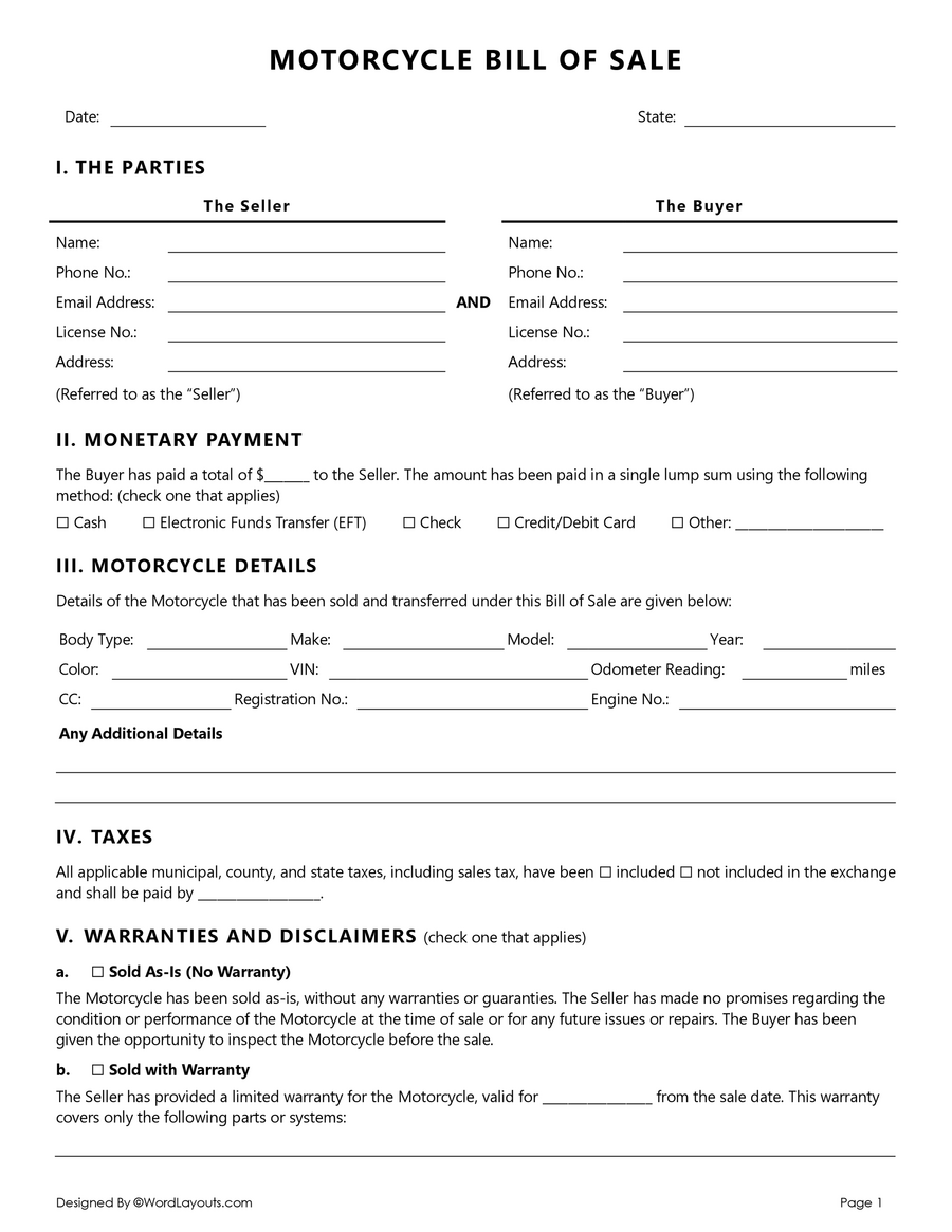 Free Motorcycle Bill of Sale Form | Word - Google Docs