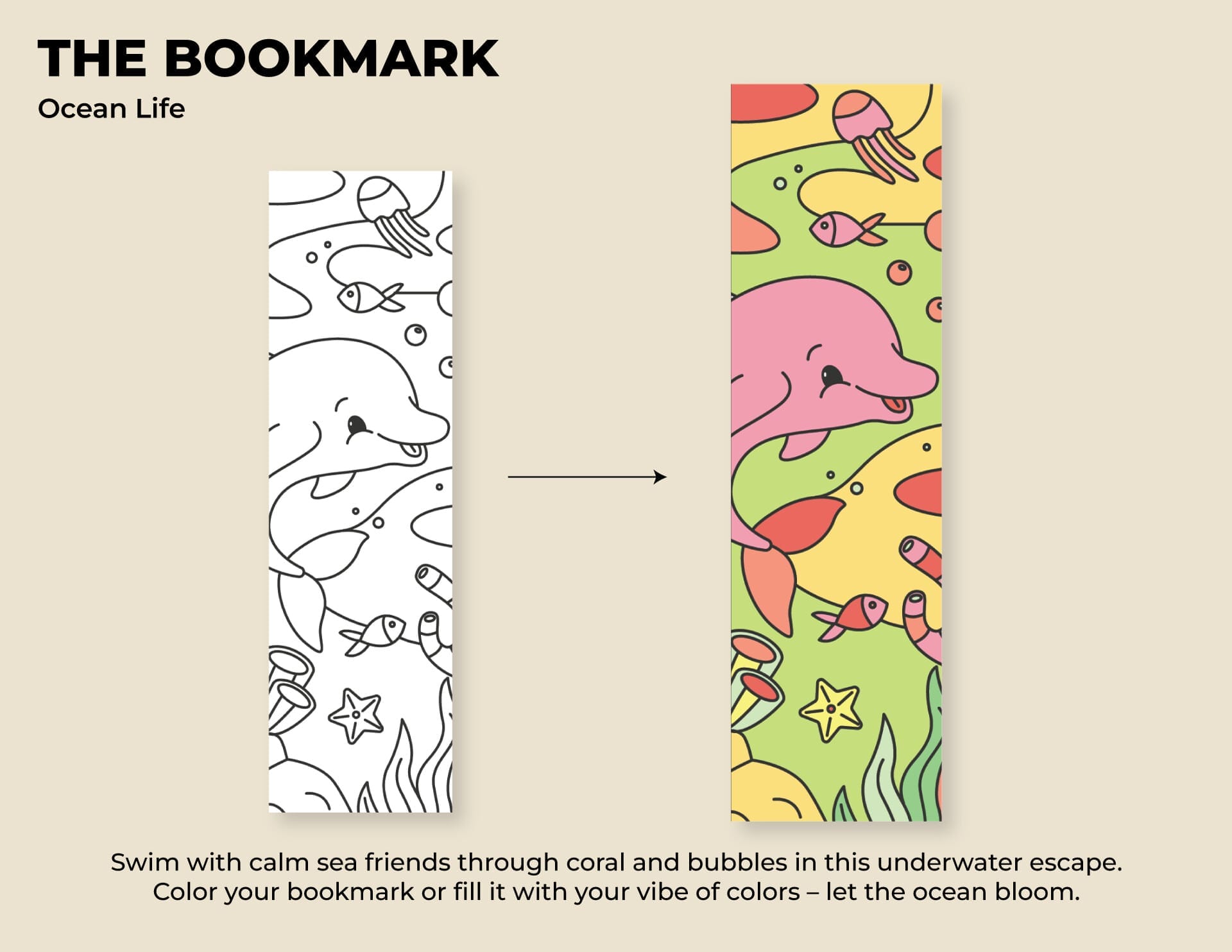 Ocean Life Coloring Bookmark Template