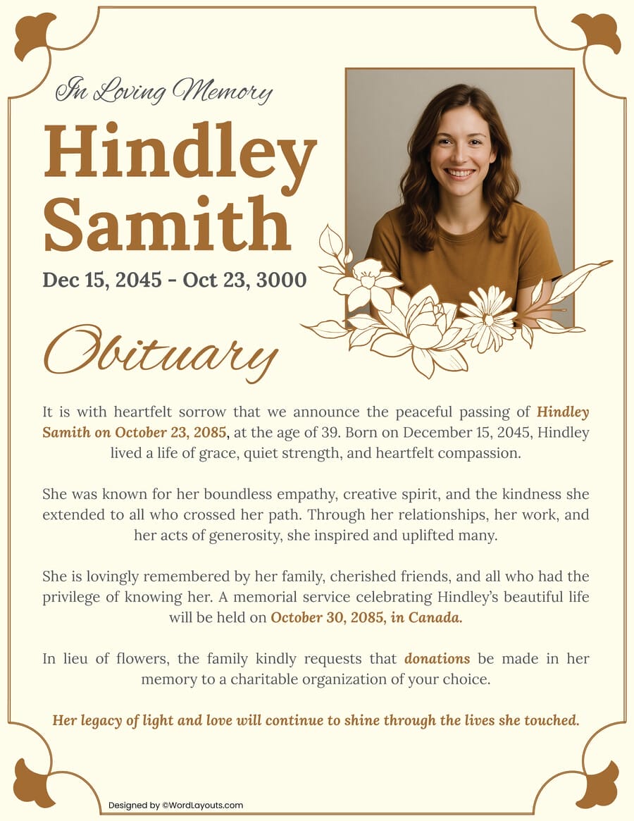 Serenity Farewell Obituary Template - WordLayouts
