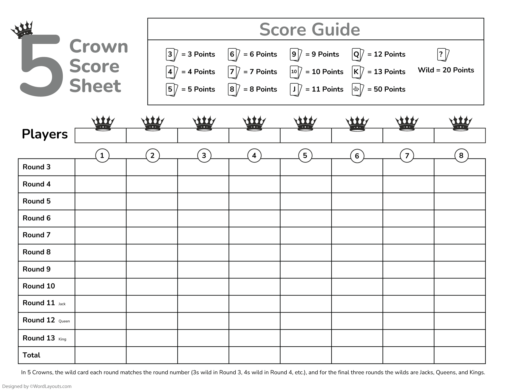 Classic Grey Five Crown Score Sheet Template