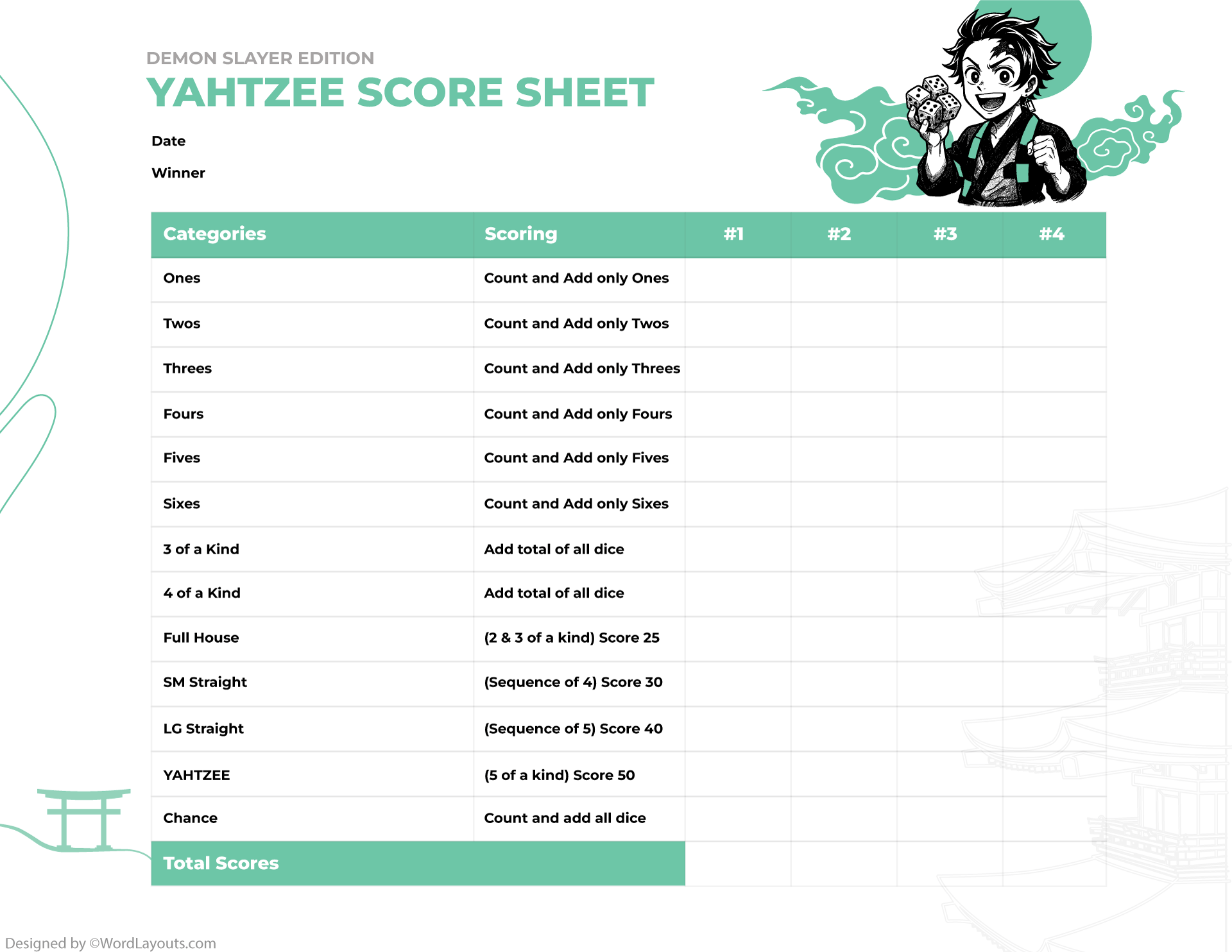 Demon Slayer Yahtzee Score Sheet Template - WordLayouts
