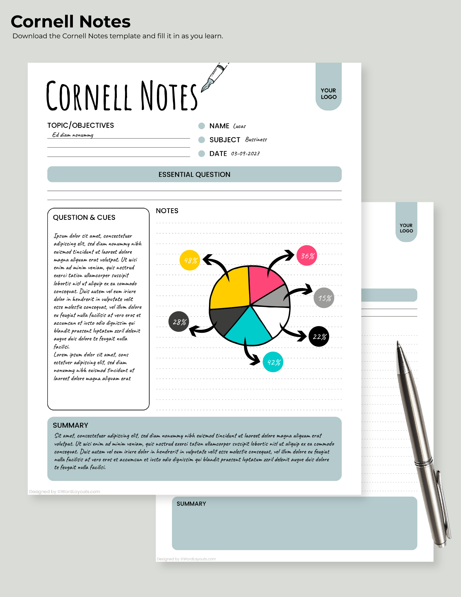 Detailed Cornell Notes Layout Template - WordLayouts