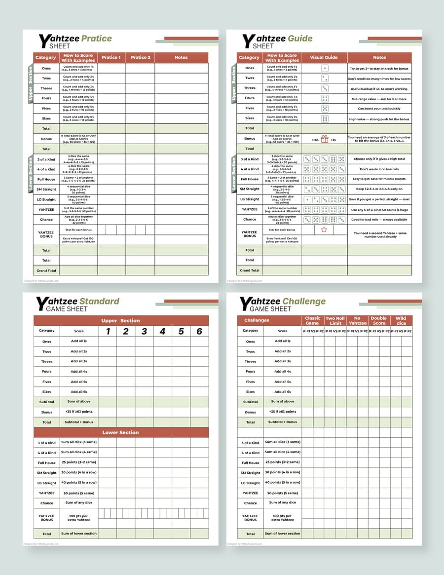Yahtzee Score Sheet Pack (Print-Ready) - WordLayouts