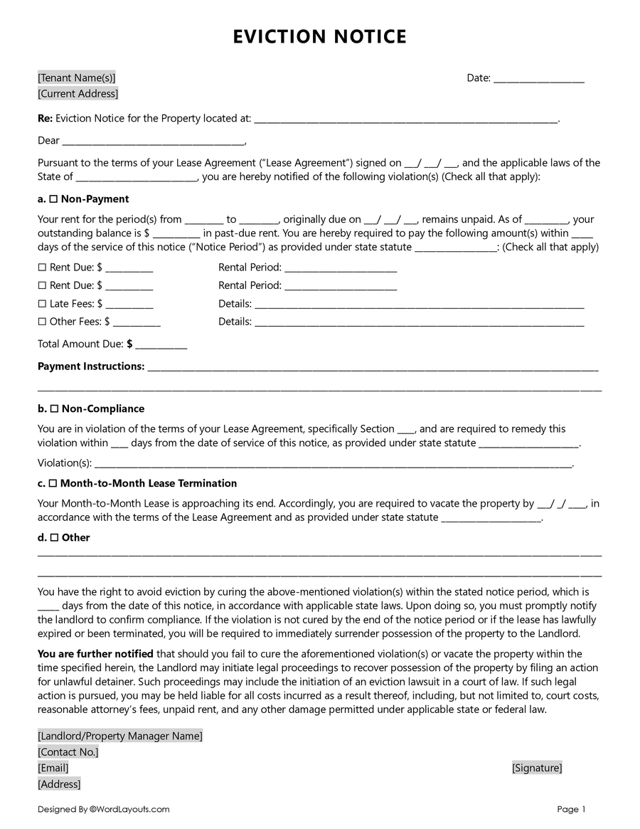 Standard Eviction Notice Template | Word & Google Docs