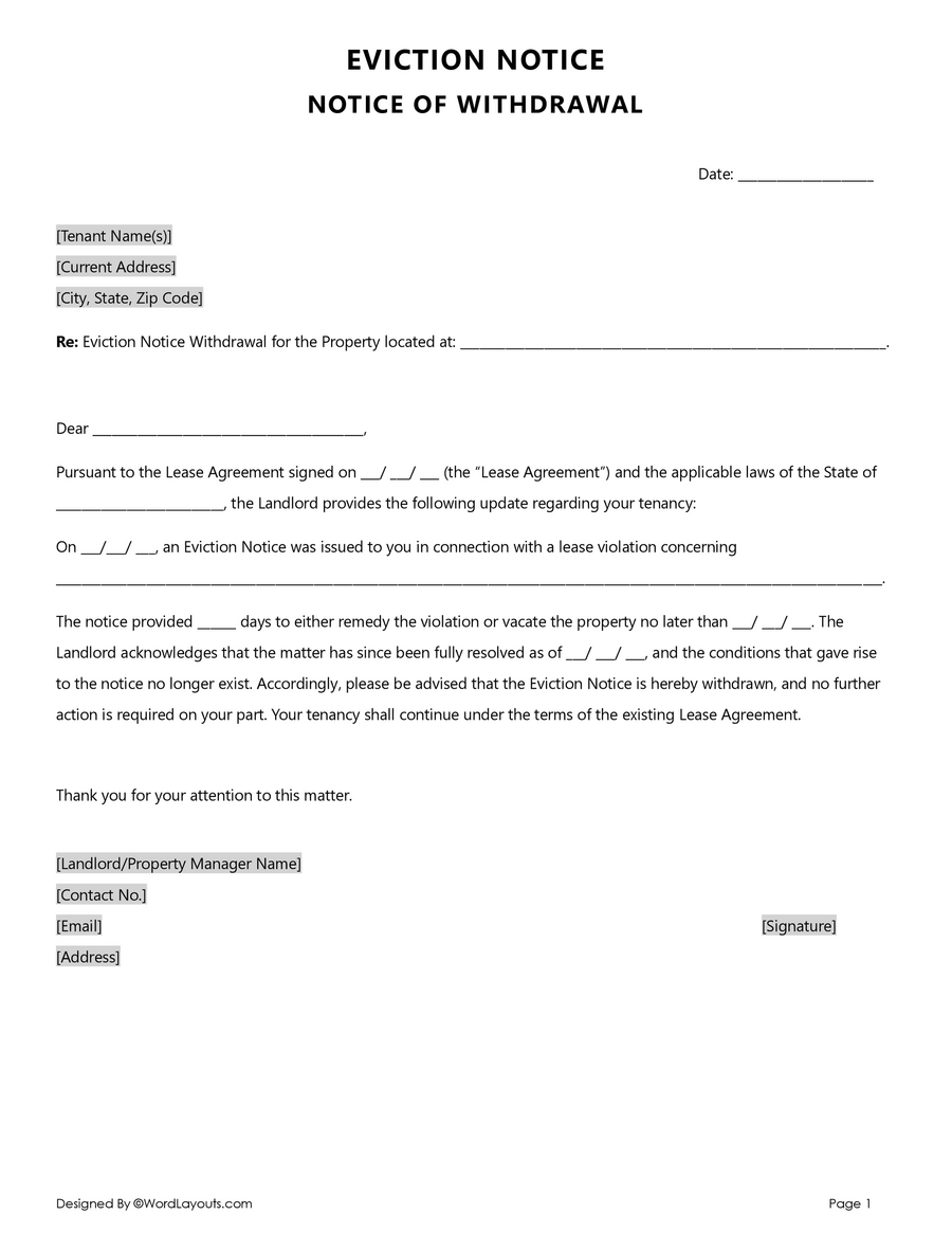 Eviction Notice Withdrawal Template