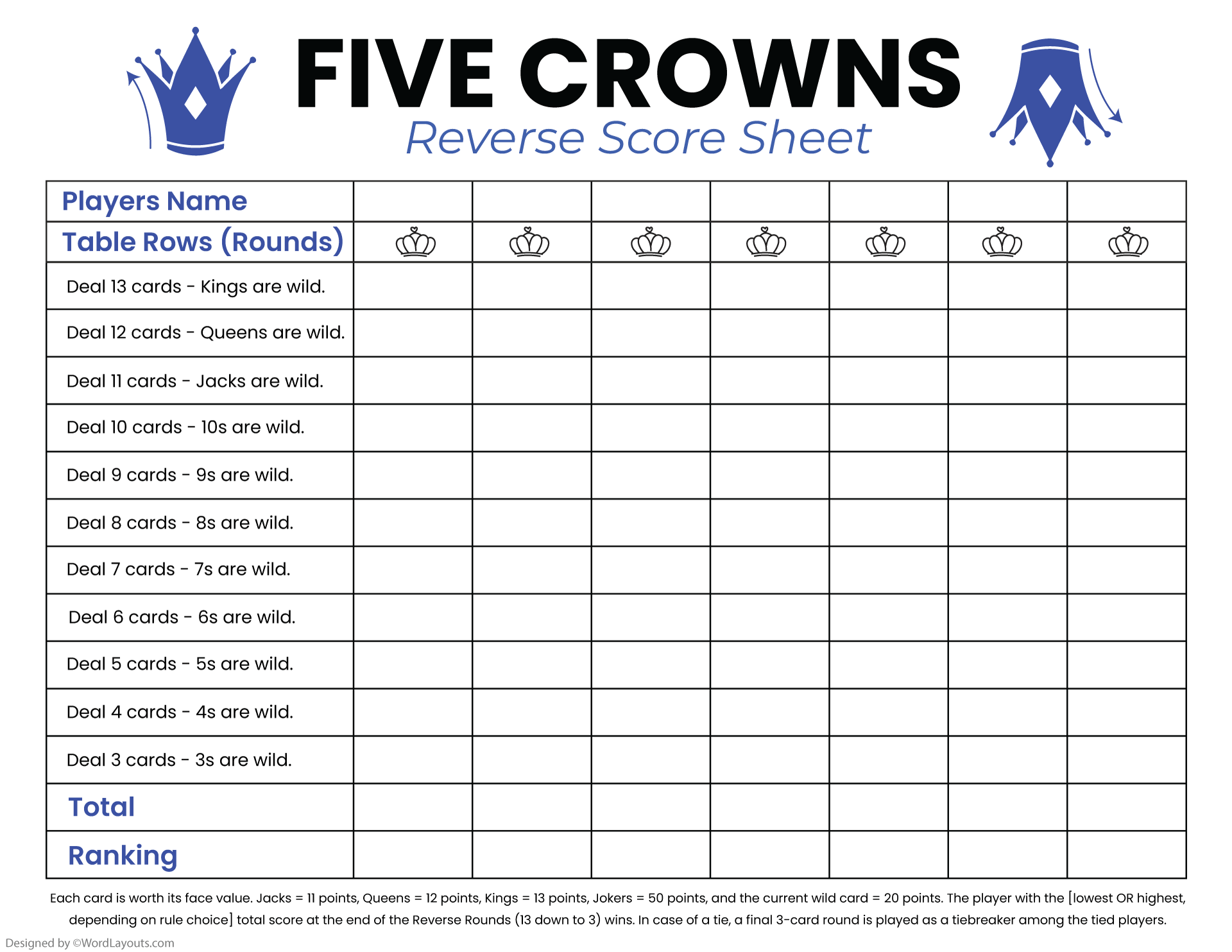 Royal Black Five Crowns Score Sheet Template
