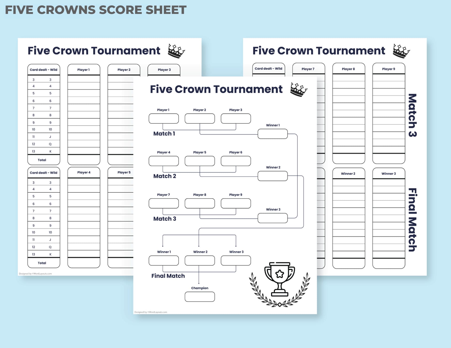 Five Crowns Grand Tournament Score Sheet Bundle