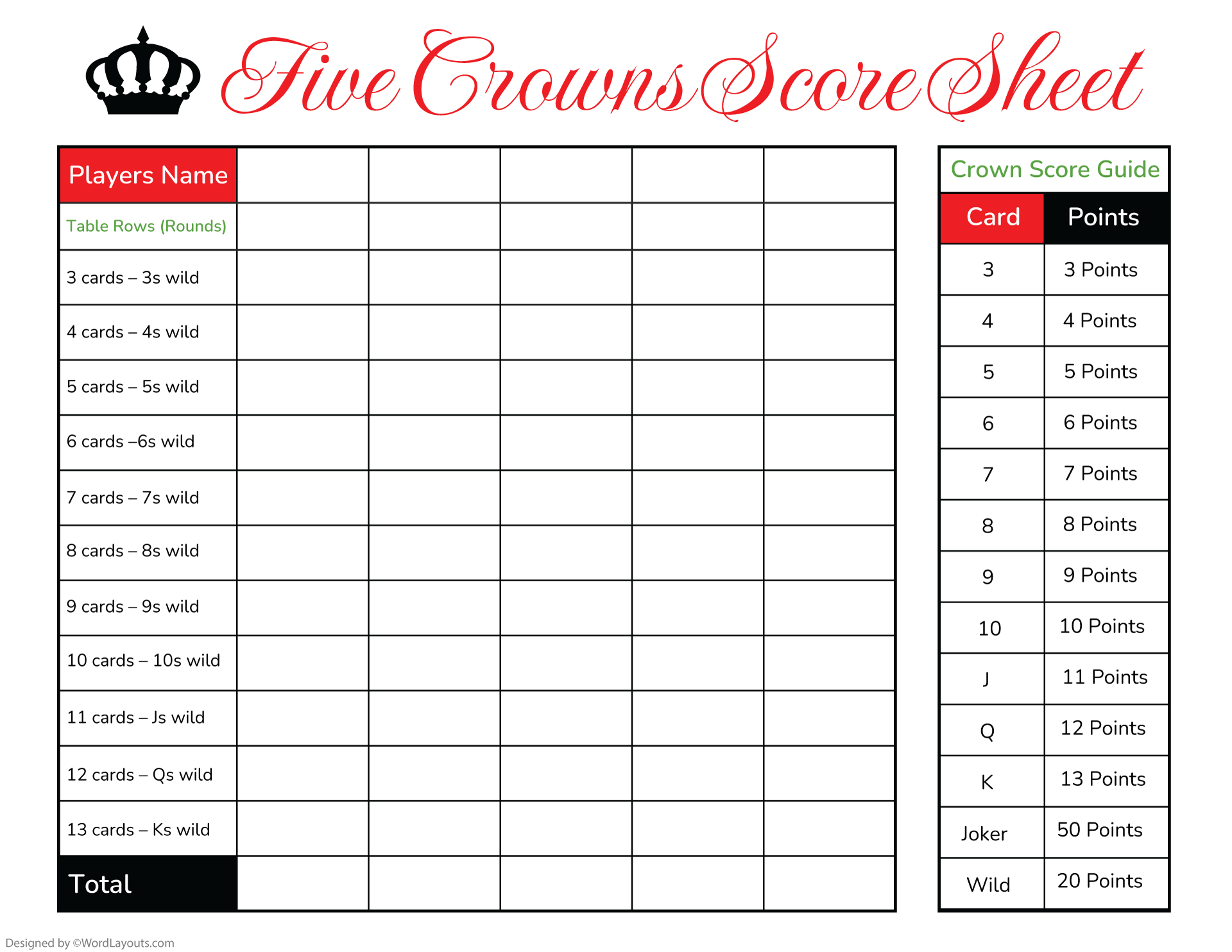 Formal Five Crowns Score Sheet Template - WordLayouts