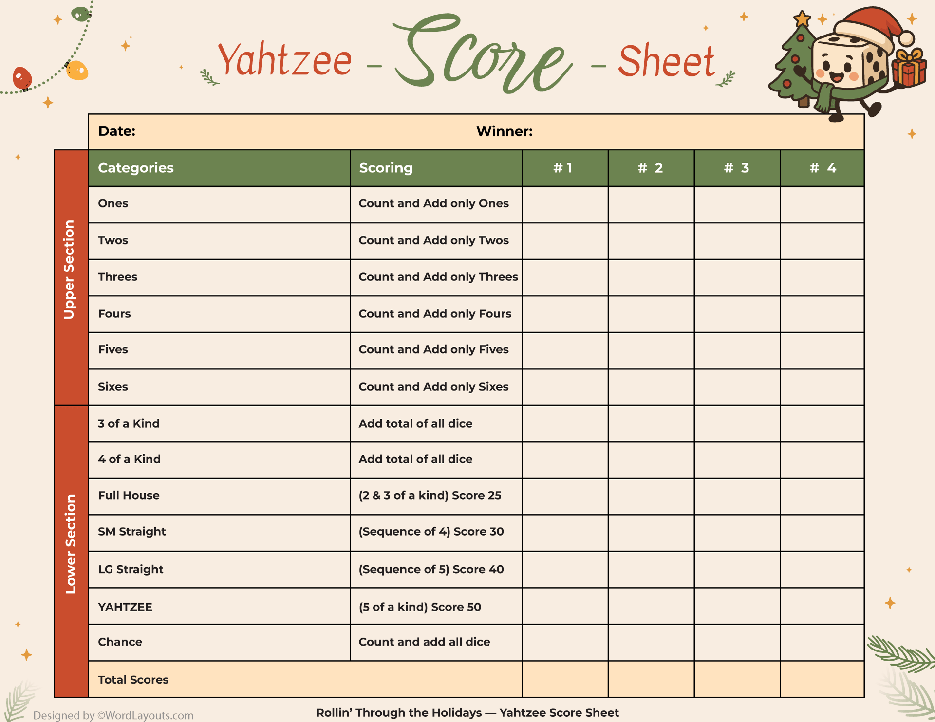 Holiday Yahtzee Score Sheet Template - WordLayouts