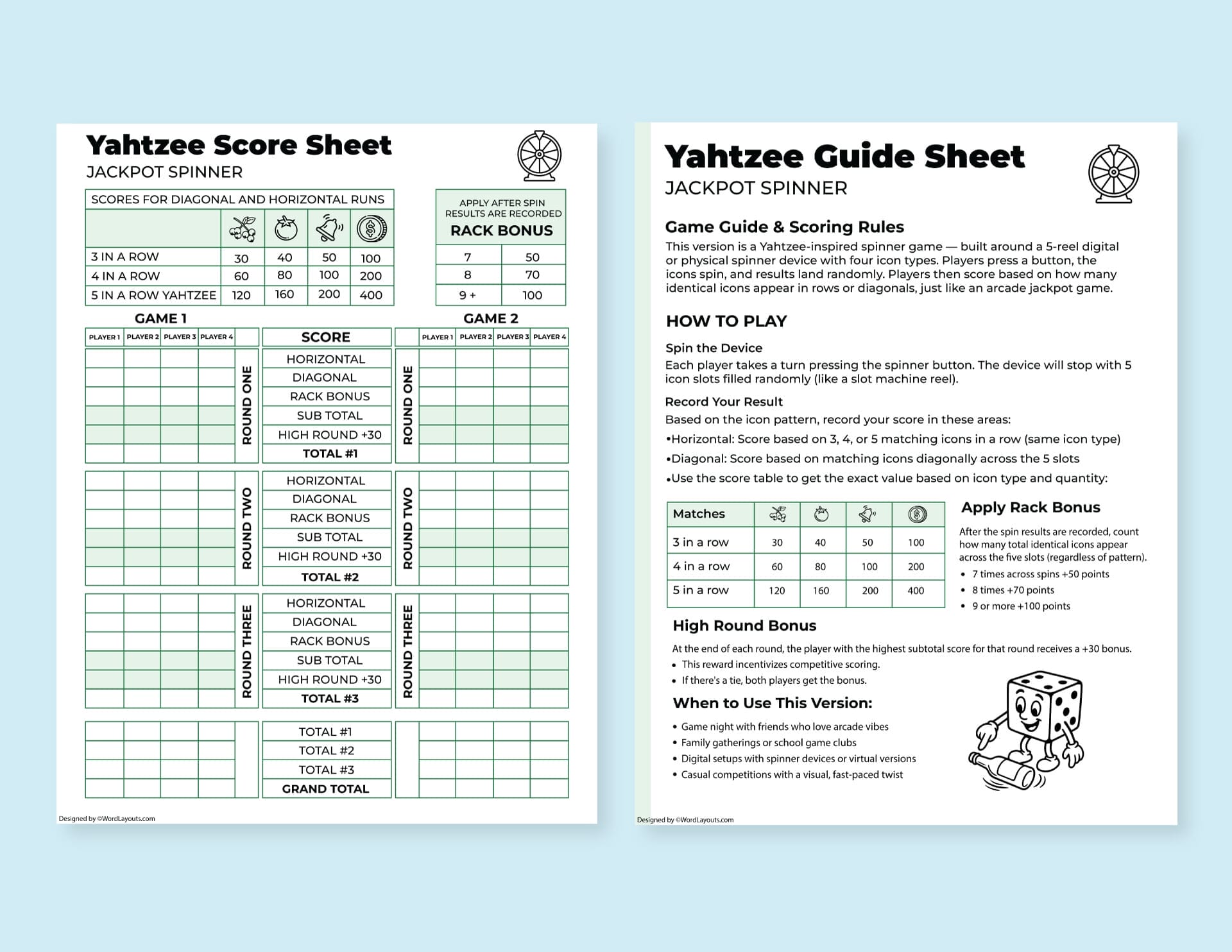 Jackpot Spinner Yahtzee Score Sheet Template