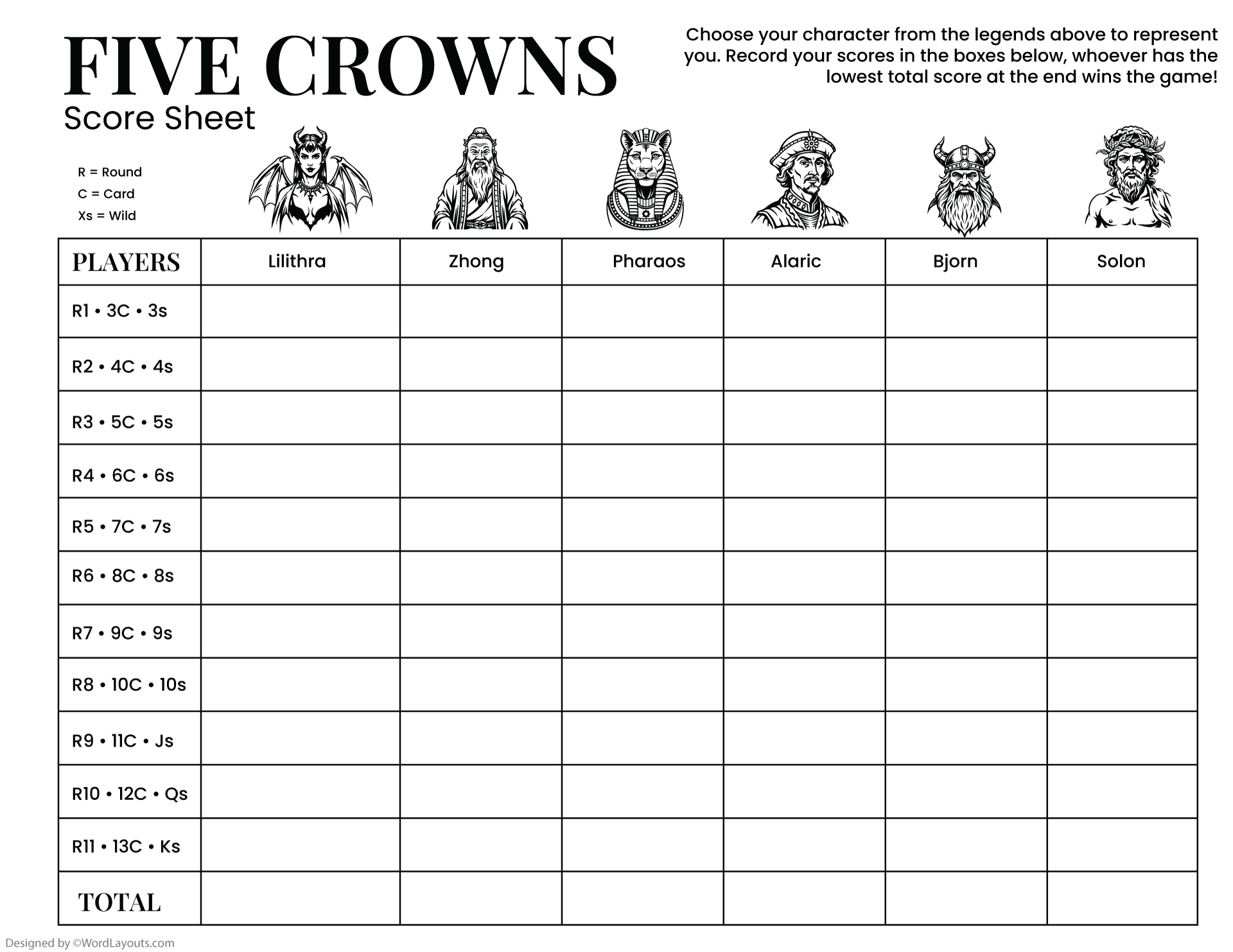 Legends of Five Crowns Score Sheet Template - WordLayouts