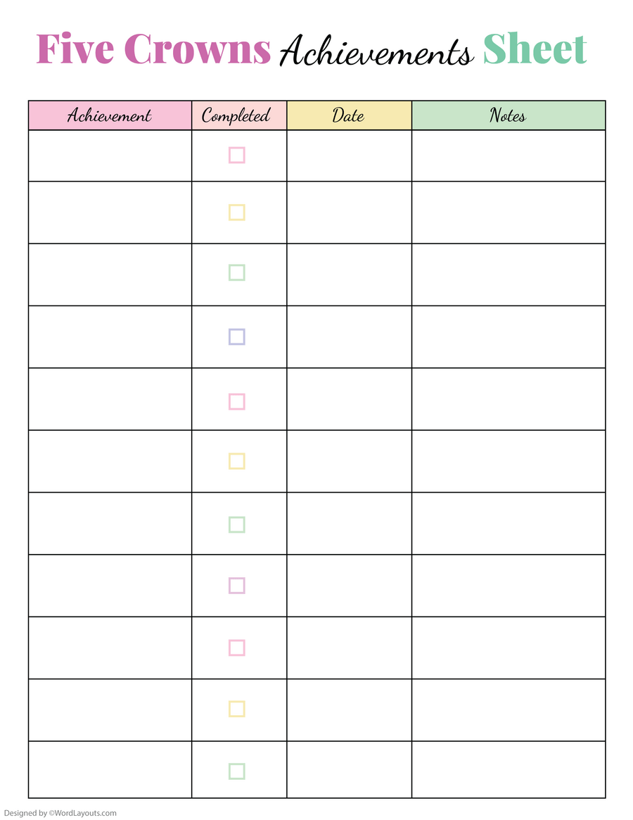 Five Crowns Achievement Tracker Sheet - PDF