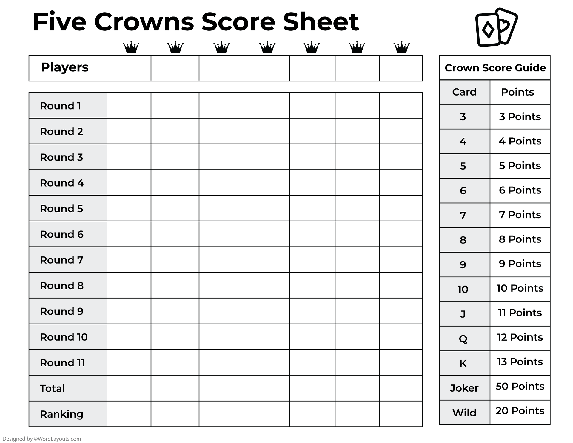 Minimalist Five Crowns Score Sheet Template - WordLayouts