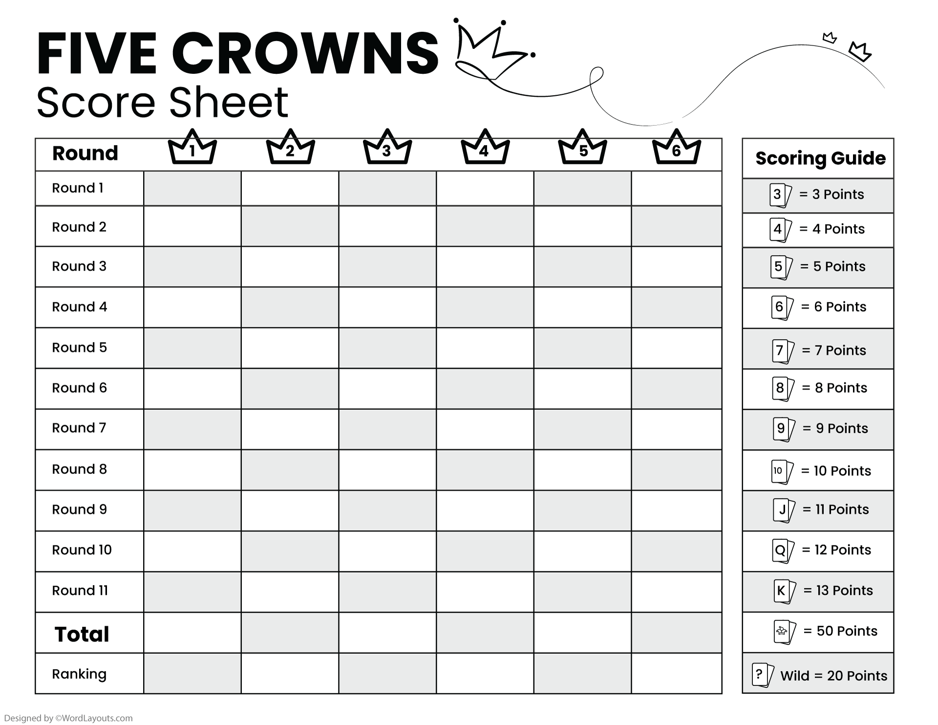 Minimalistic Five Crowns Score Sheet Template