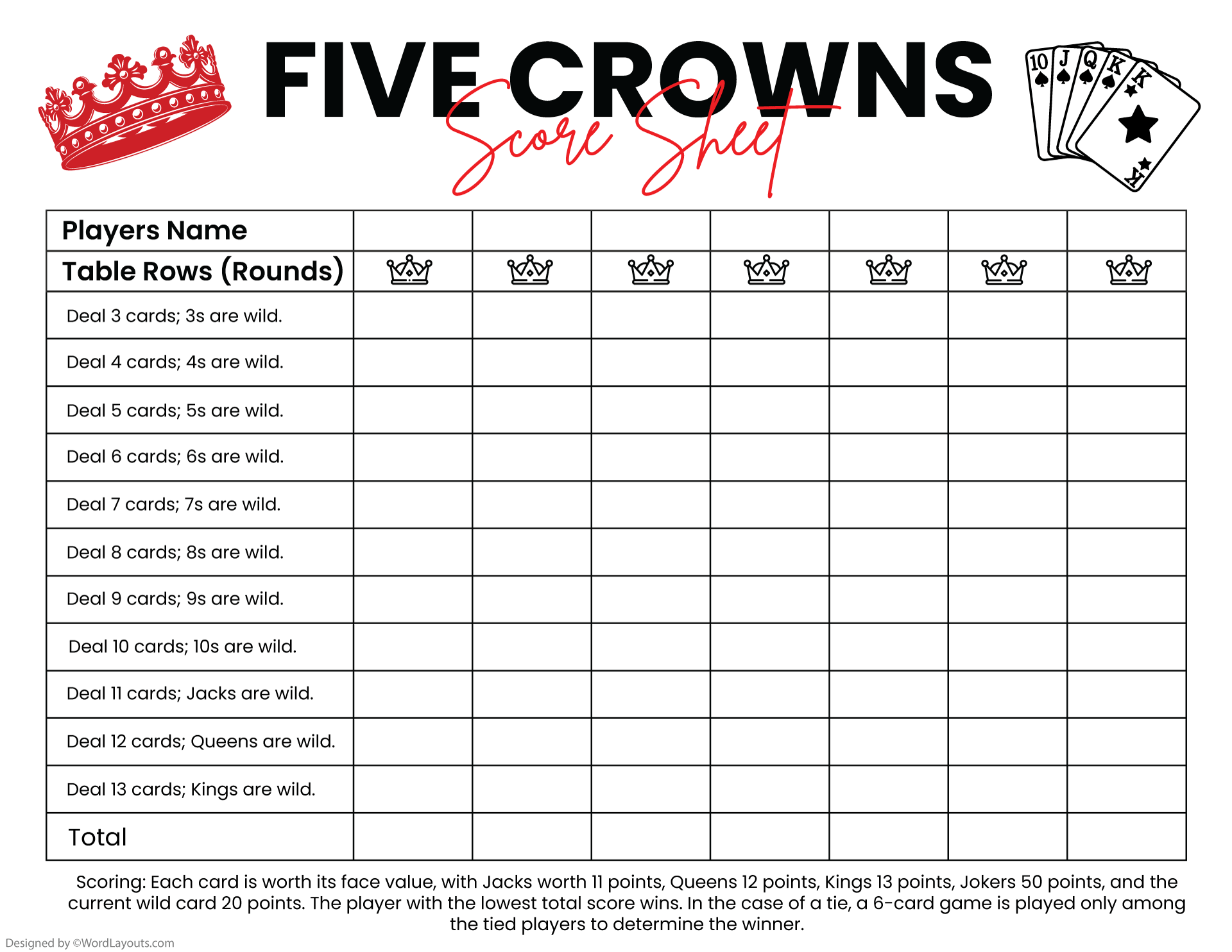 Modern Red Accent Five Crowns Score Sheet Template - WordLayouts