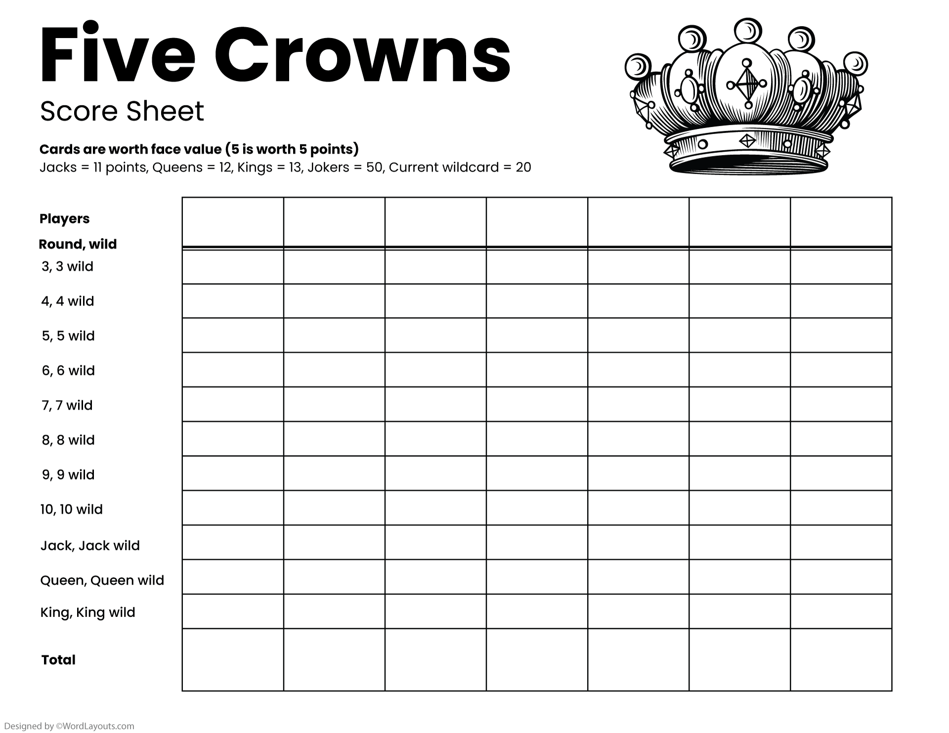 Monarch’s Five Crowns Score Sheet Template - WordLayouts