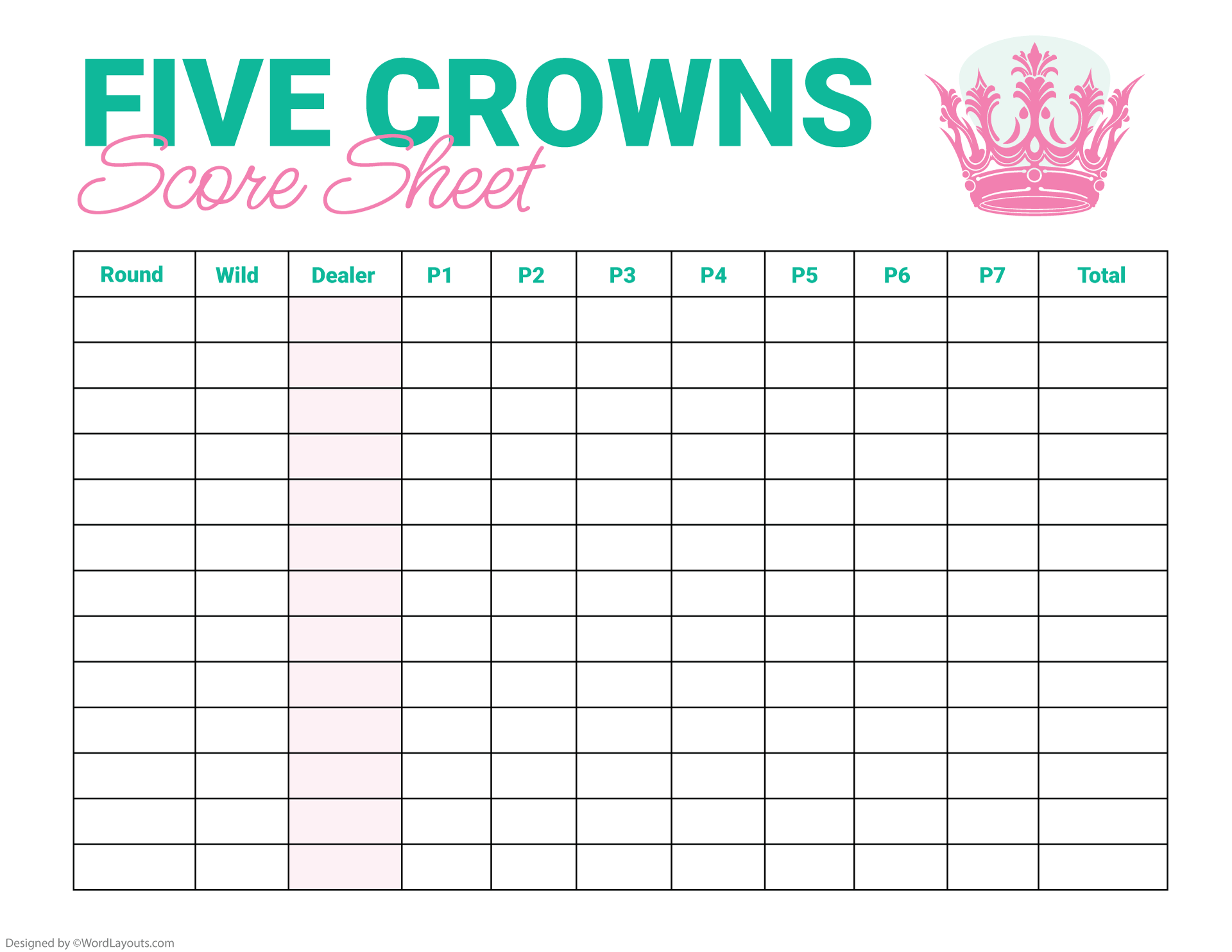 Pastel Princess Five Crowns Score Sheet Template - WordLayouts