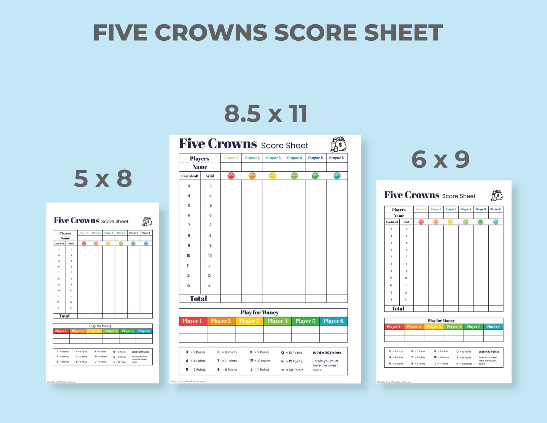 6-Players Five Crowns Score Sheet Template - WordLayouts