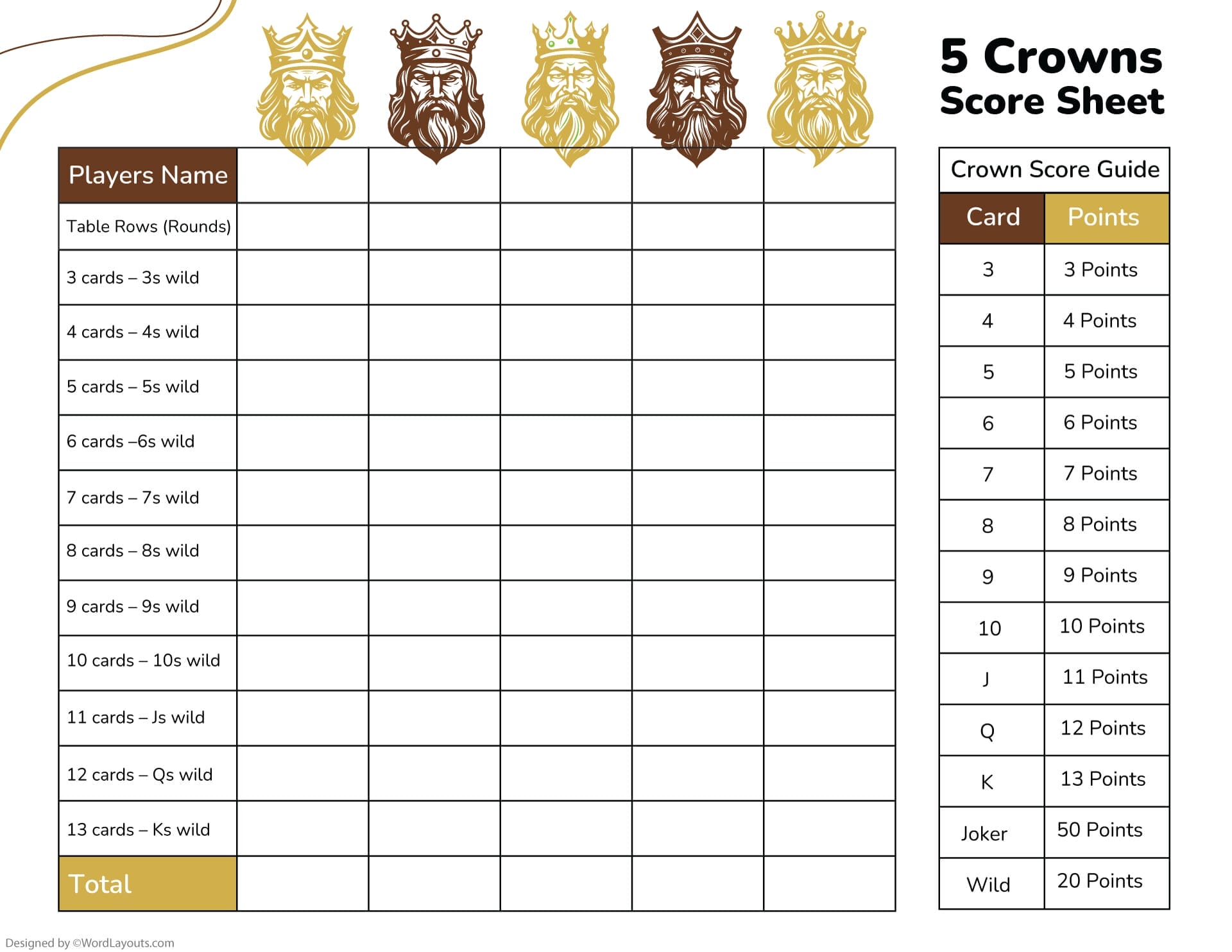 Royal Five Crowns Score Sheet Template - WordLayouts