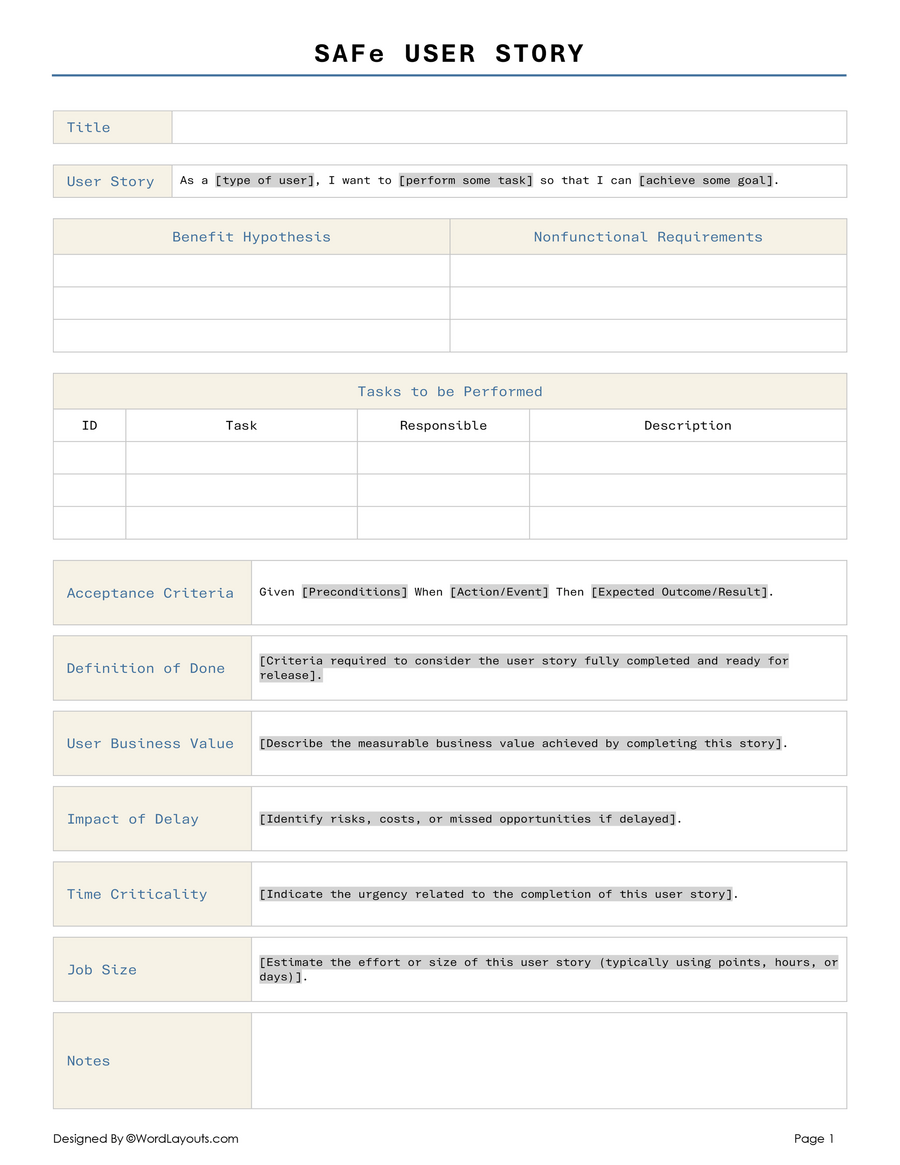 SAFe User Story Template - WordLayouts