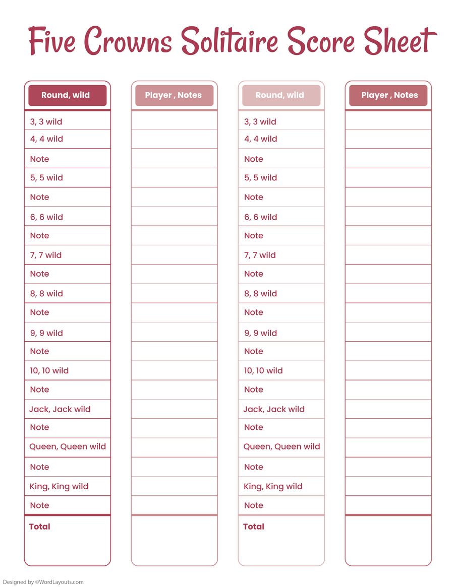 Solo Rounds Five Crowns Score Sheet Template
