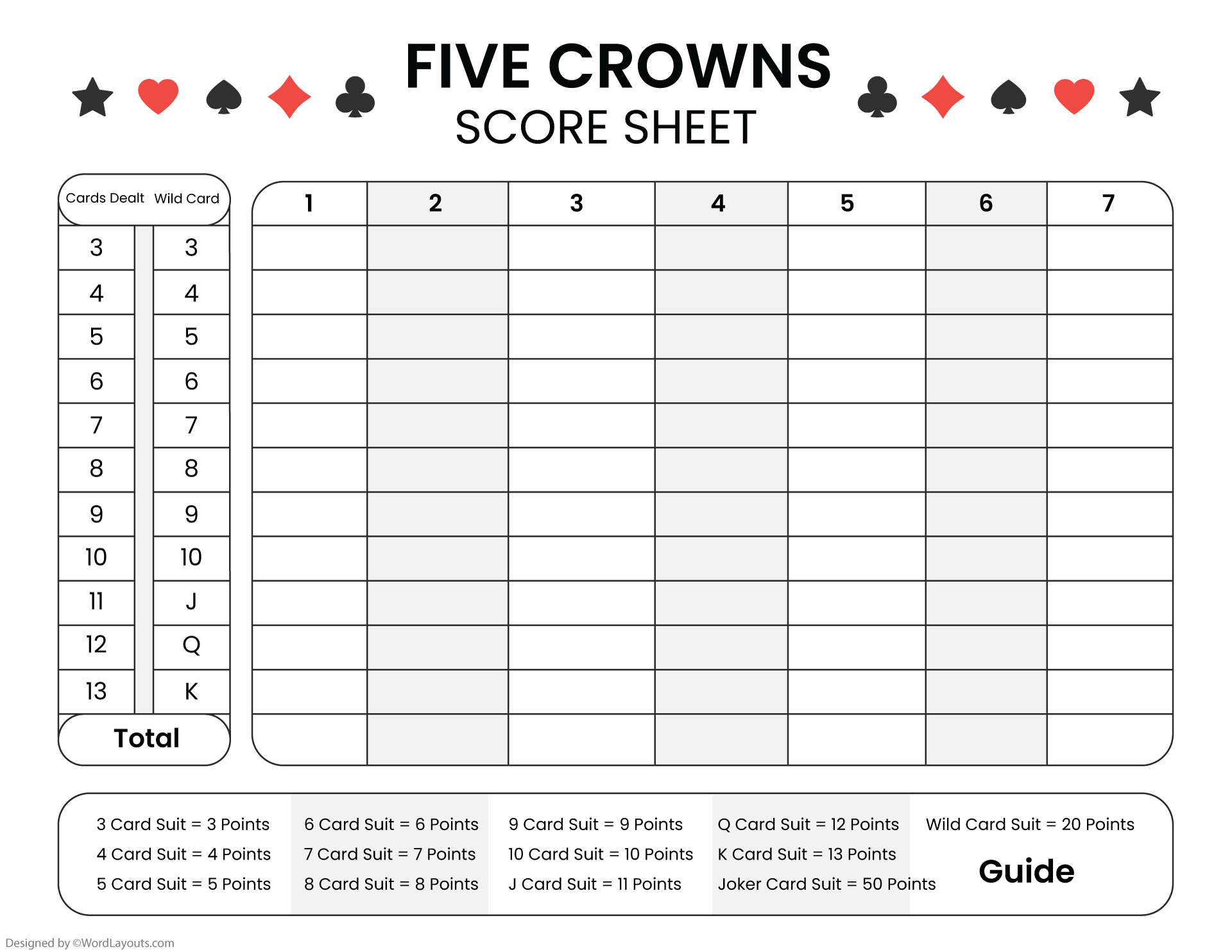 Suits Theme Five Crowns Score Sheet Template - WordLayouts