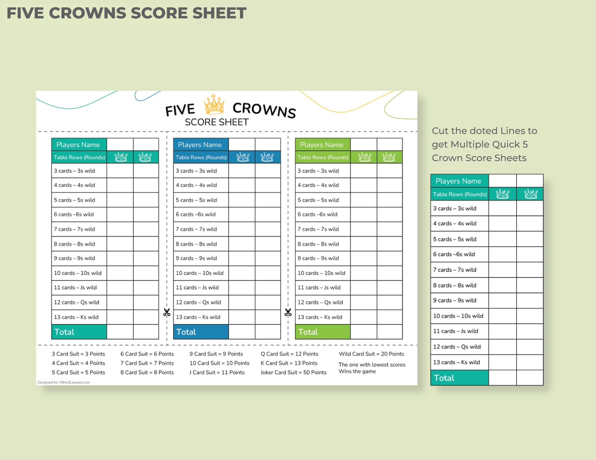Triple Color-Coded Five Crowns Sheet Template