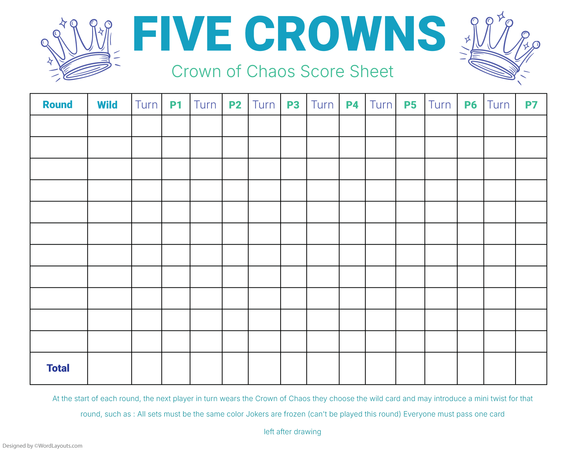 Twilight Five Crowns Score Sheet Template - WordLayouts