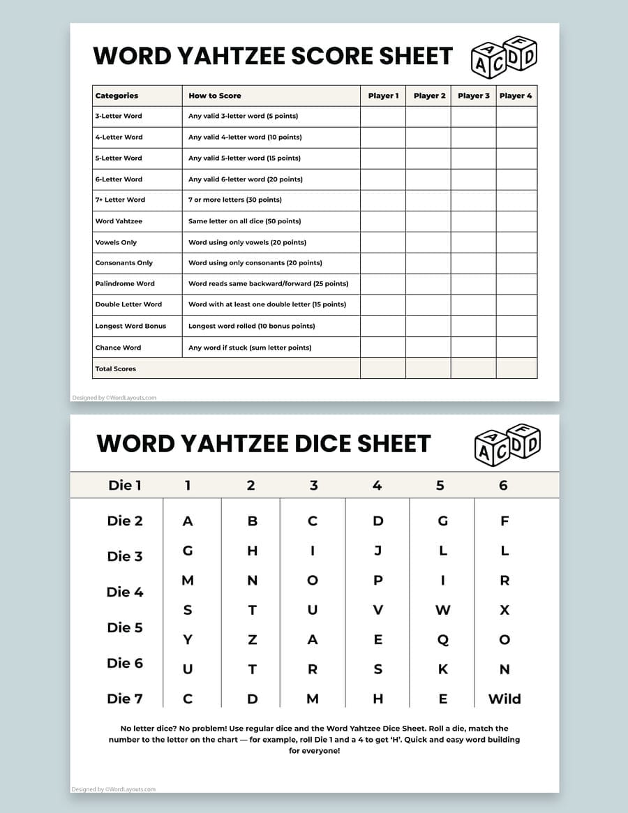 Word Yahtzee Score Sheet Template - WordLayouts