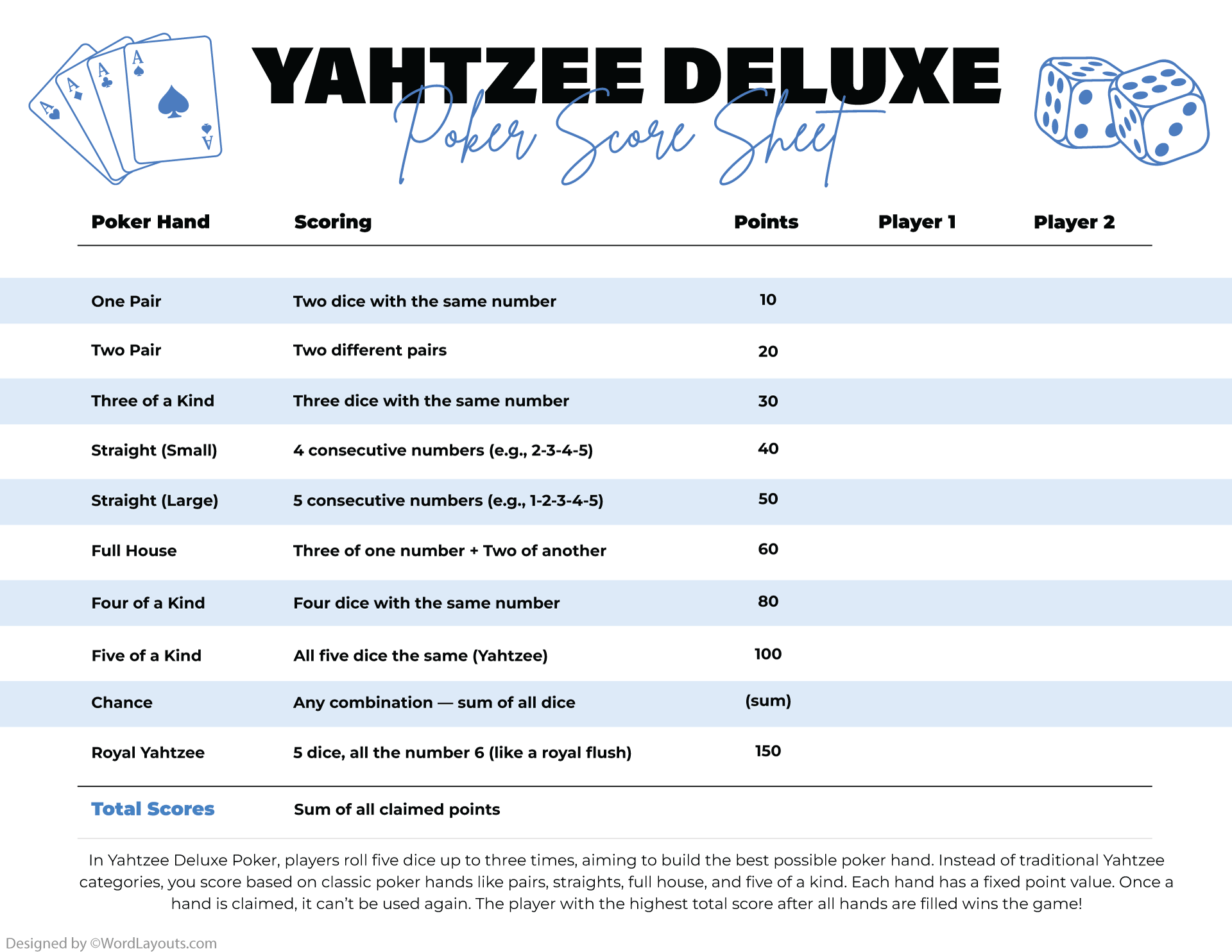 Yahtzee Deluxe Poker Score Sheet Template - WordLayouts