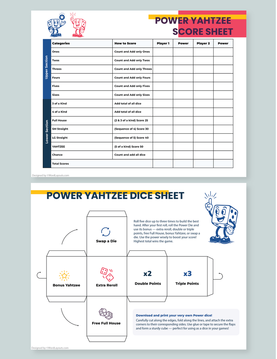 Yahtzee Power-Up Edition Score Sheet Template