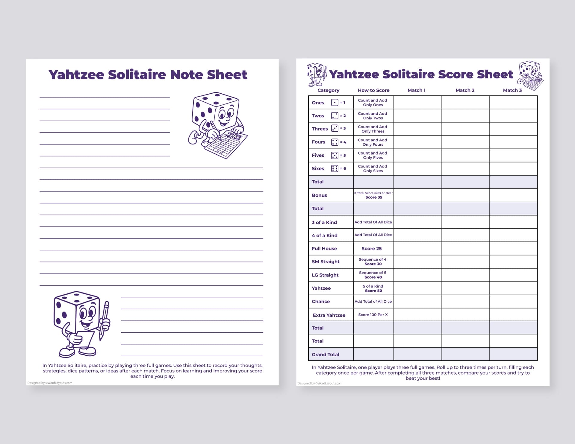Yahtzee Solitaire Score Sheet Template - WordLayouts