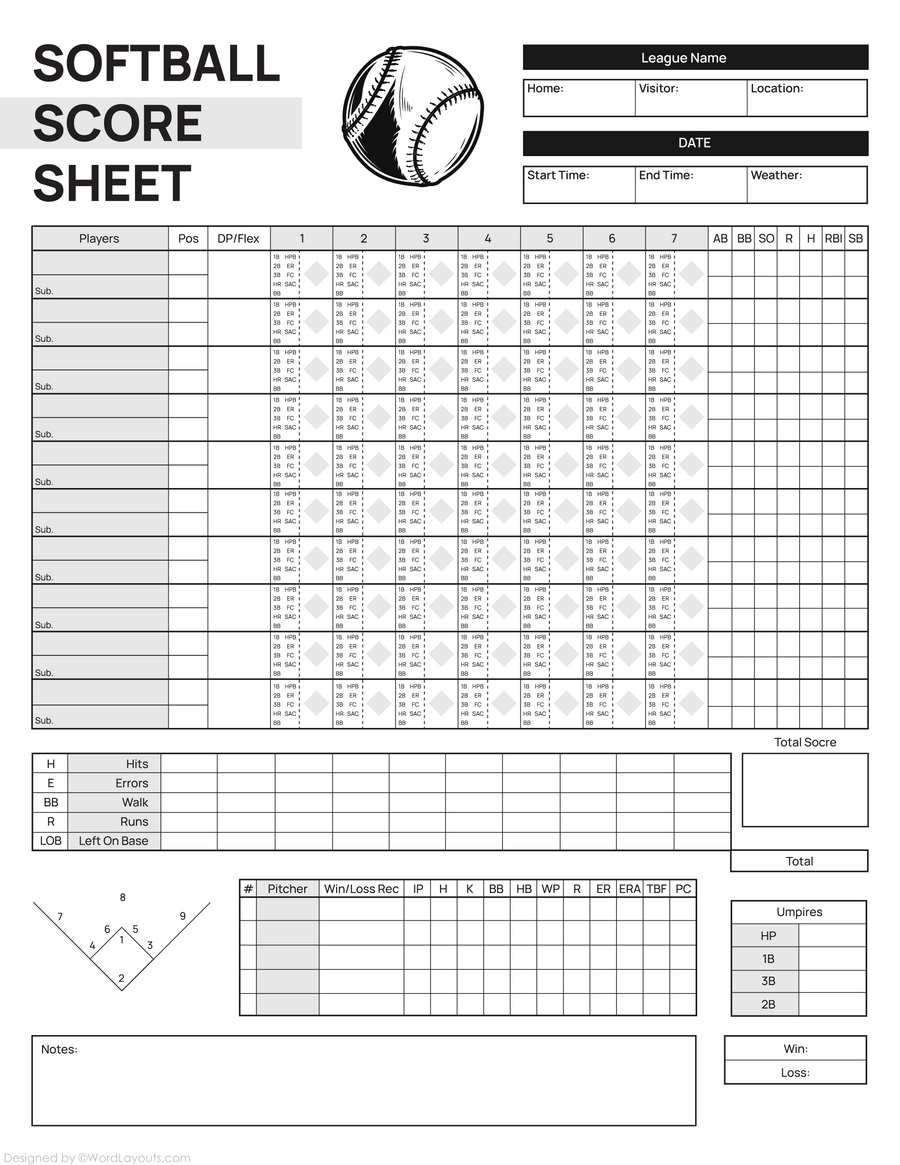 Simple Softball Score Sheet Template - PDF