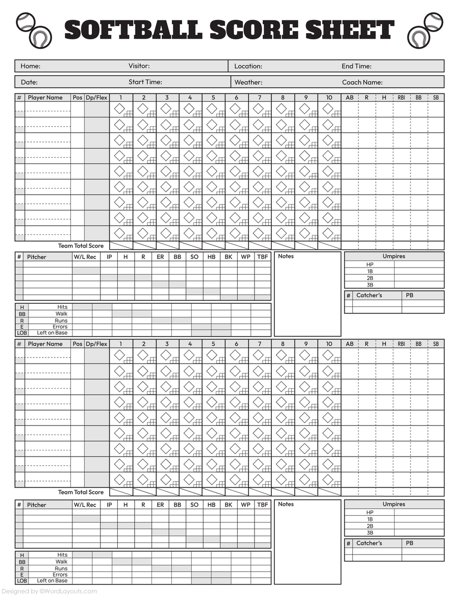 Blank Softball Scoresheet Template