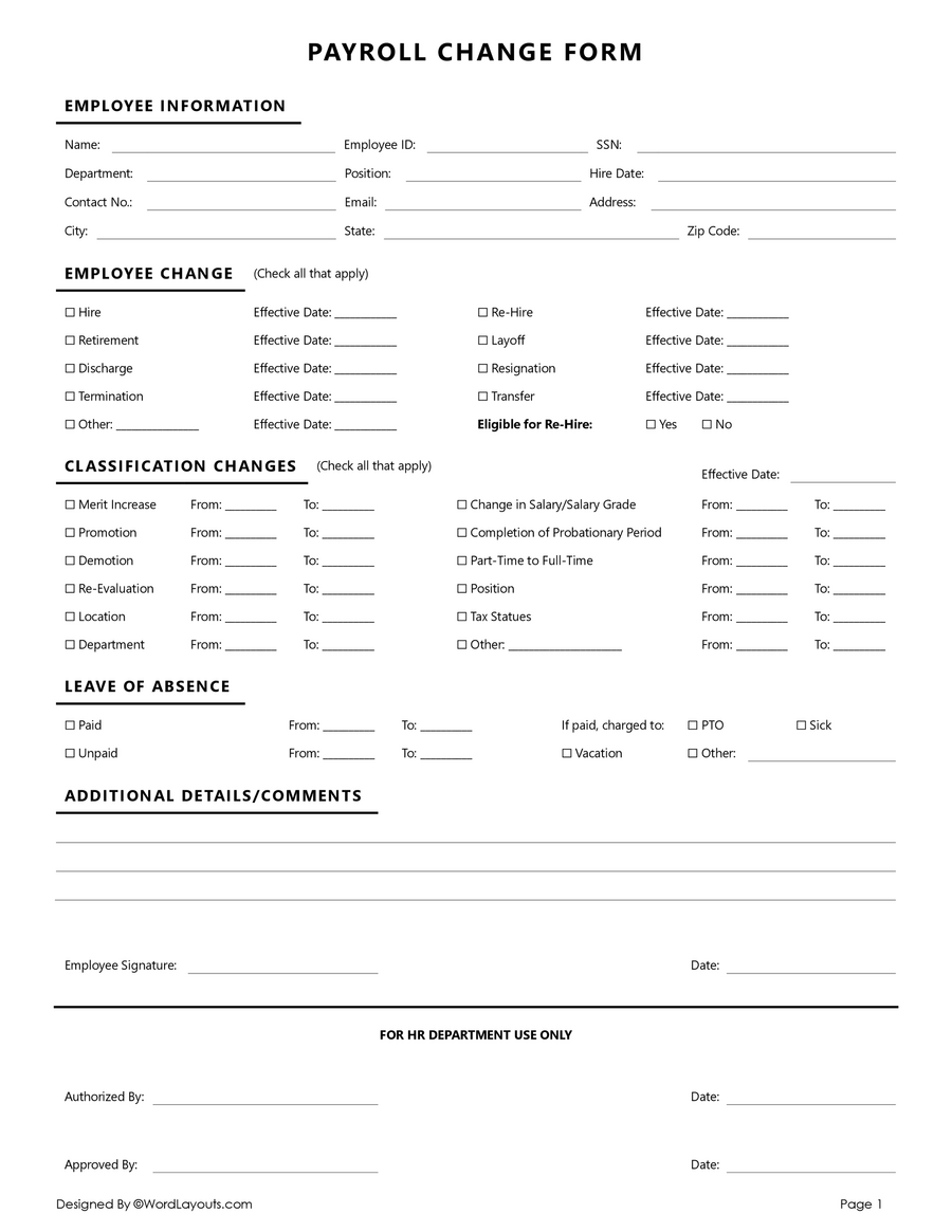 Employee Payroll Change Form Template - WordLayouts