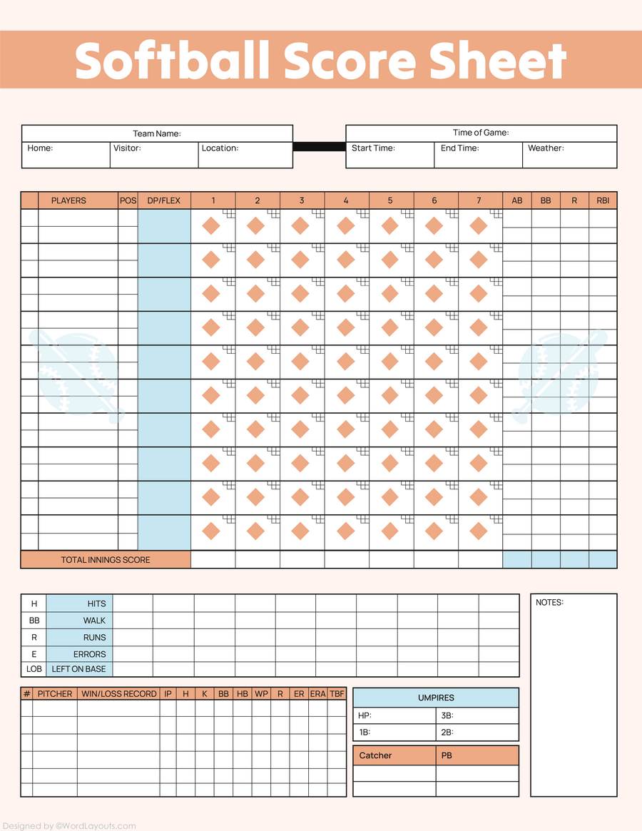 Official Softball Score Sheet Template - WordLayouts
