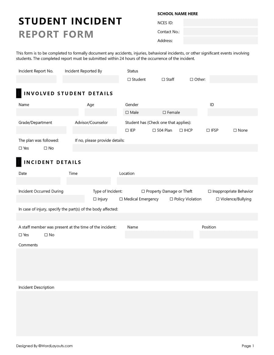 Student Incident Report Template | Word & Google Docs