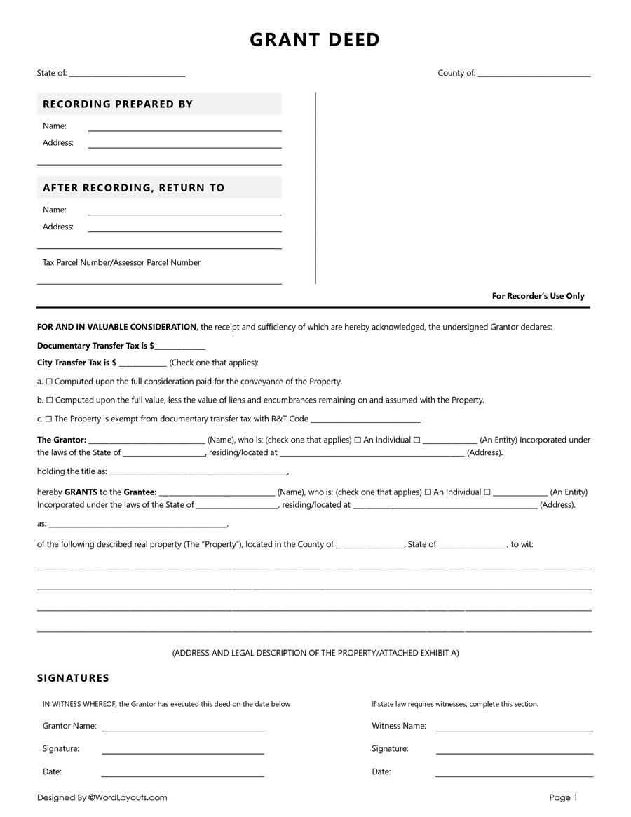 Free Grant Deed Form | Word, Google Docs
