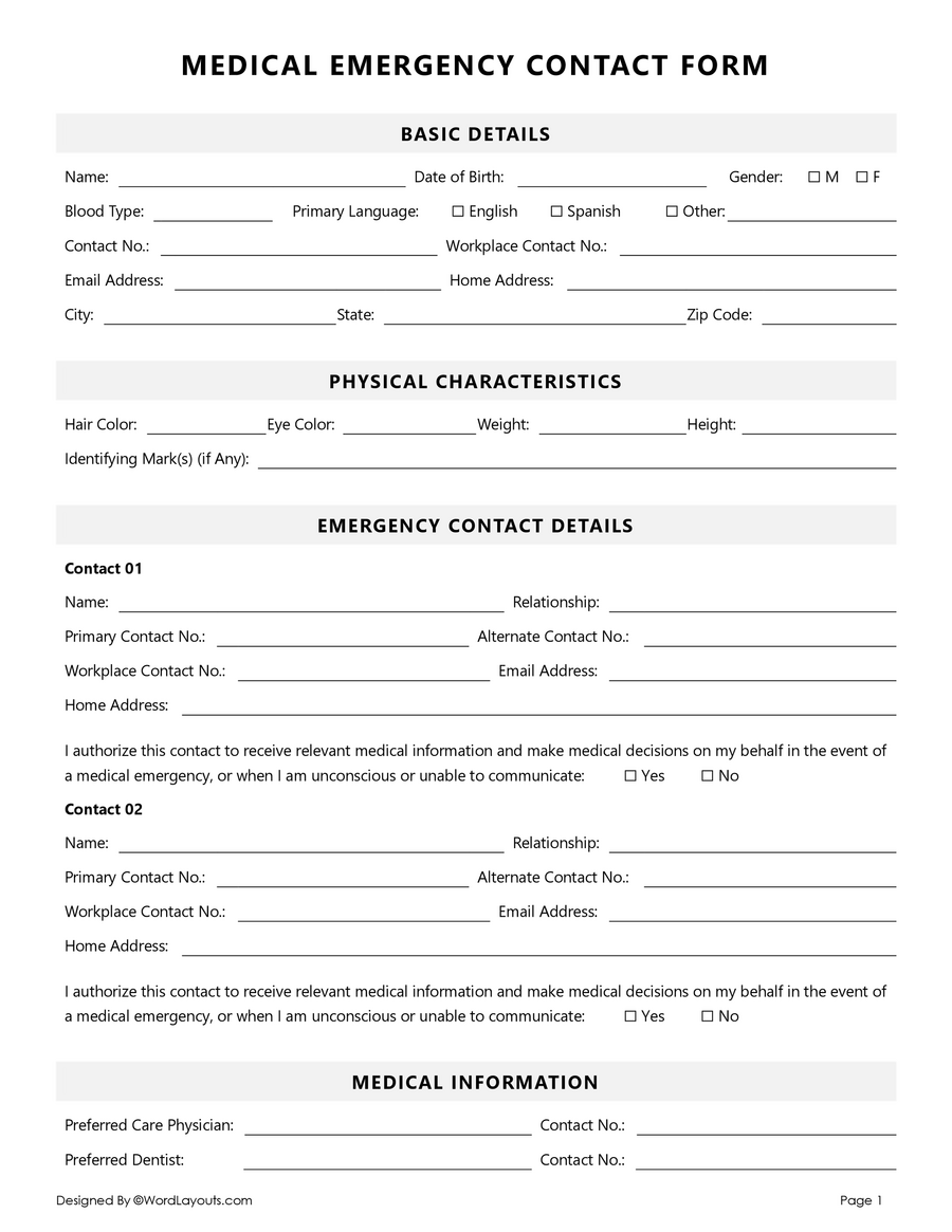 Free Patient Emergency Contact Form Template