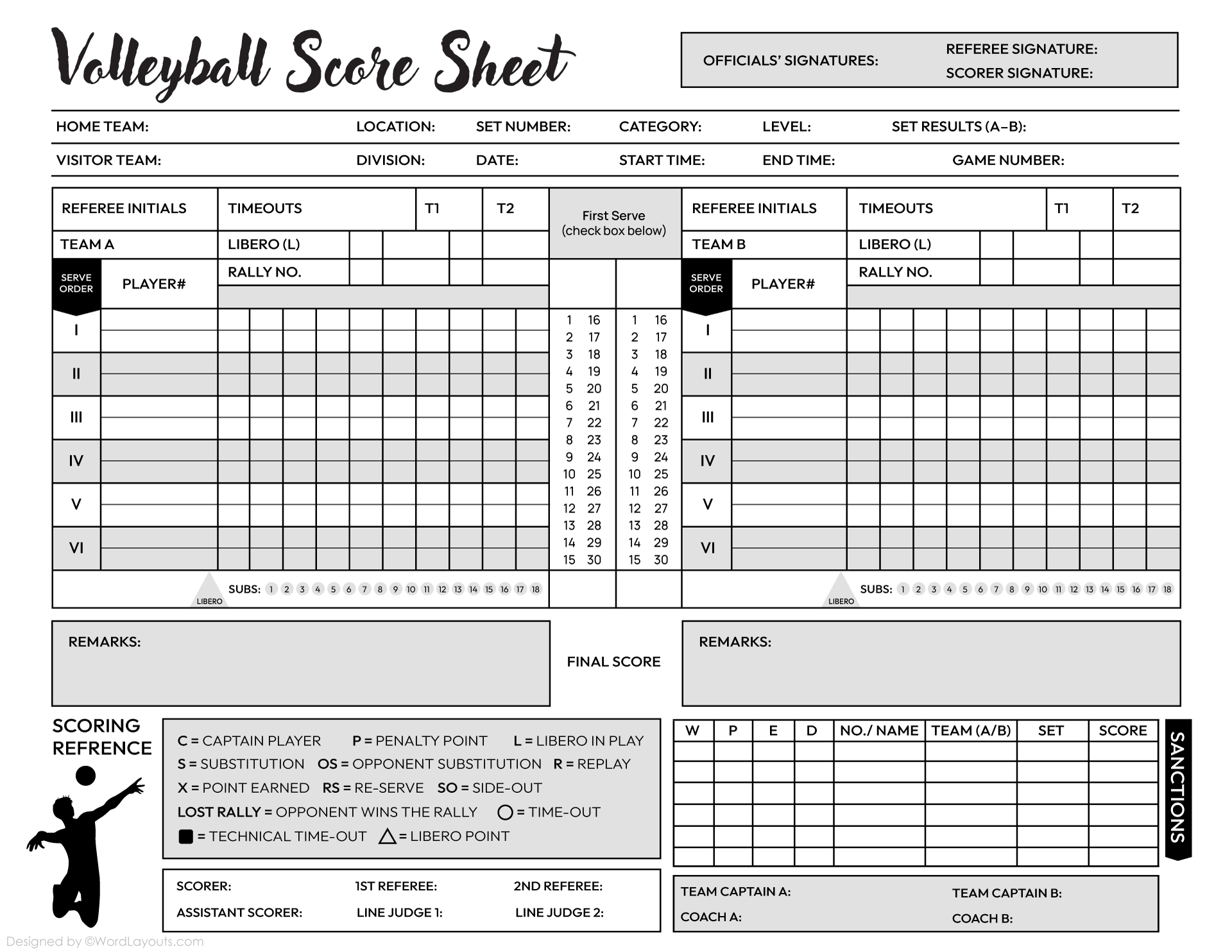 CourtLogic Volleyball Scoring Sheet Template - WordLayouts