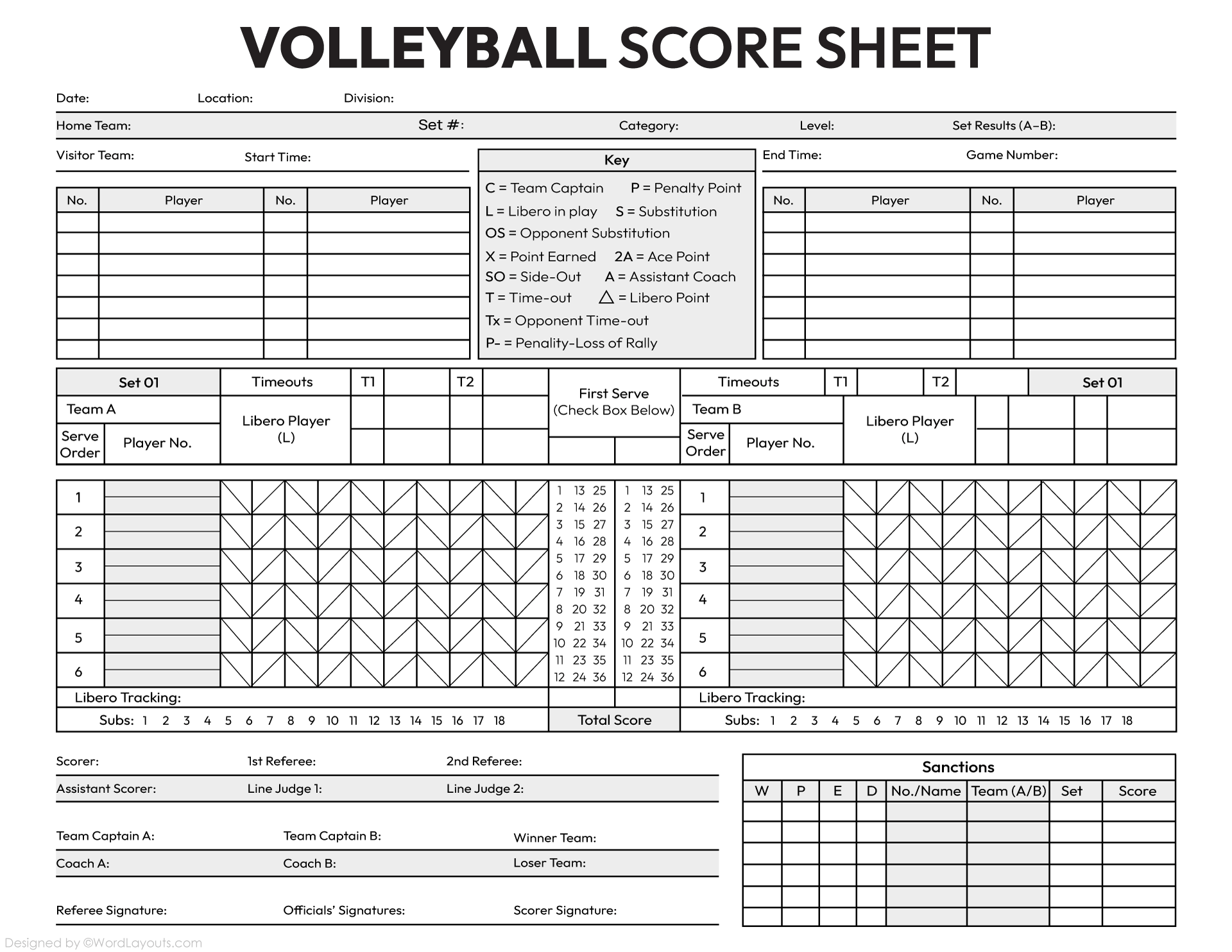 Editable Volleyball Scorekeeping Sheet Template - WordLayouts