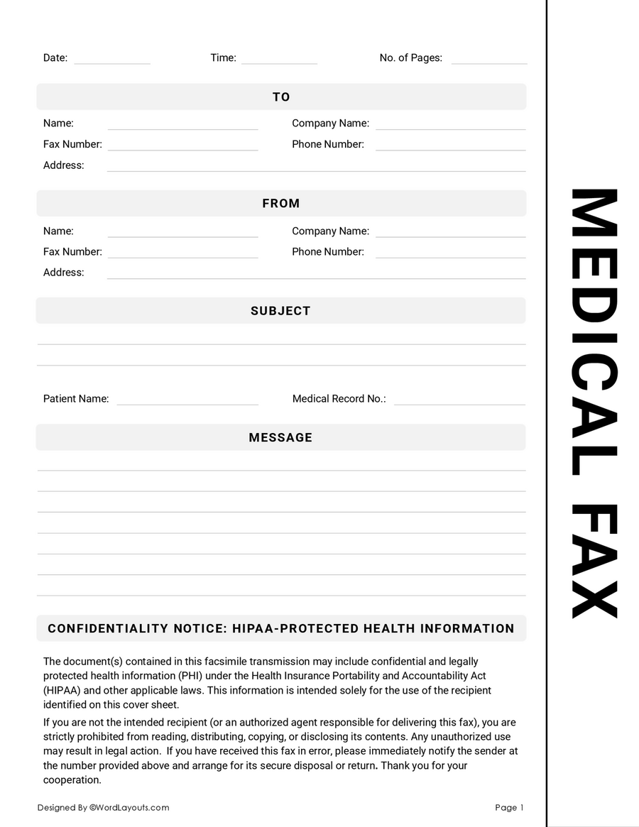 Medical Fax Cover Sheet Template – Ready to Print - WordLayouts