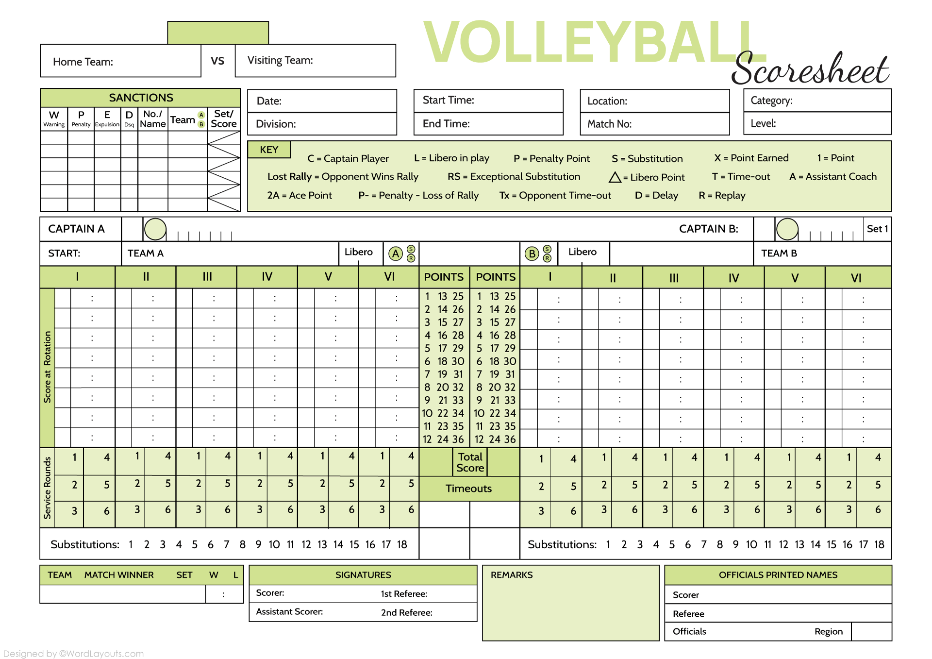 Professional Volleyball Scoring Log Sheet Template - WordLayouts