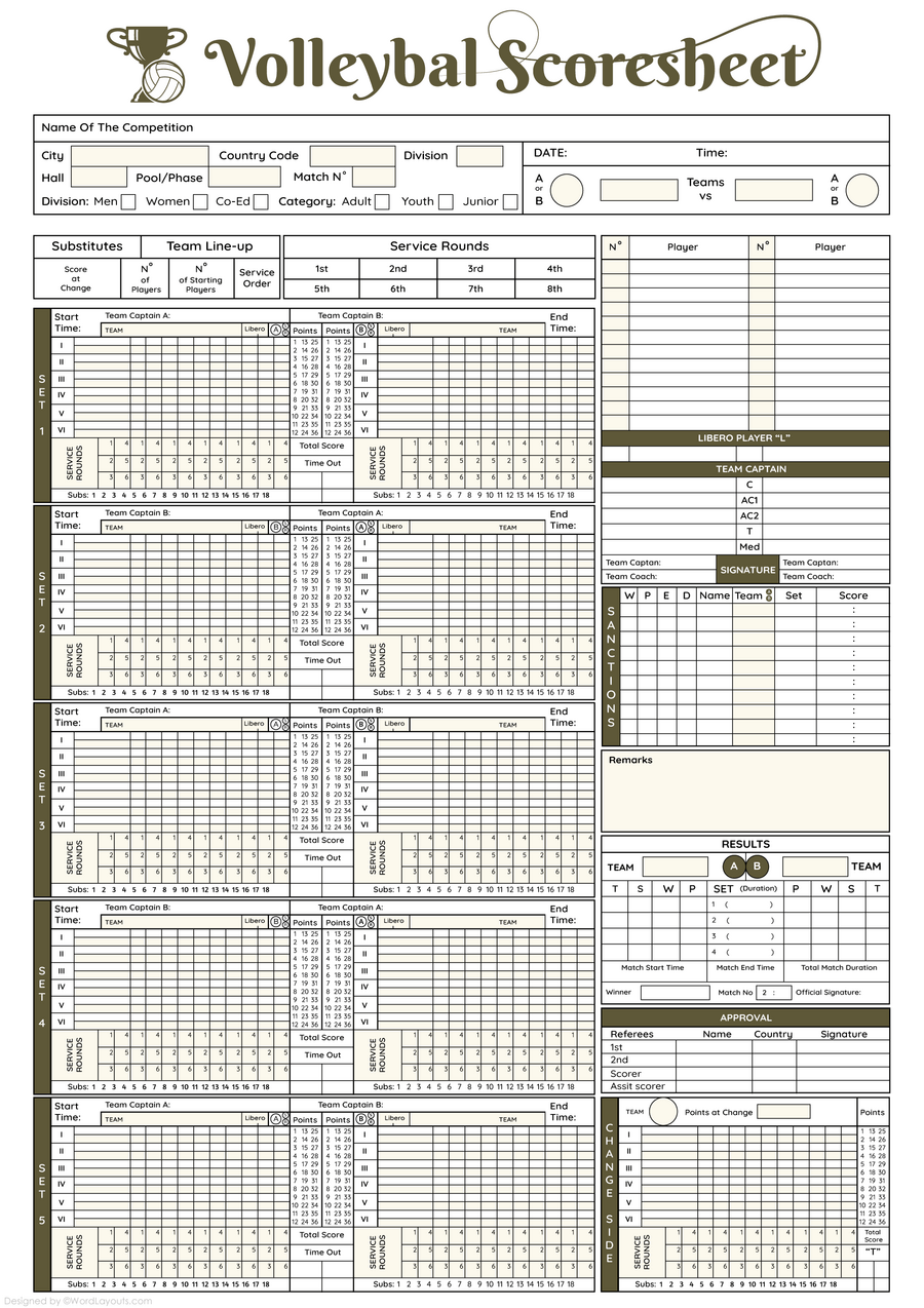 Regulation Volleyball Match Scoring Form Template - WordLayouts