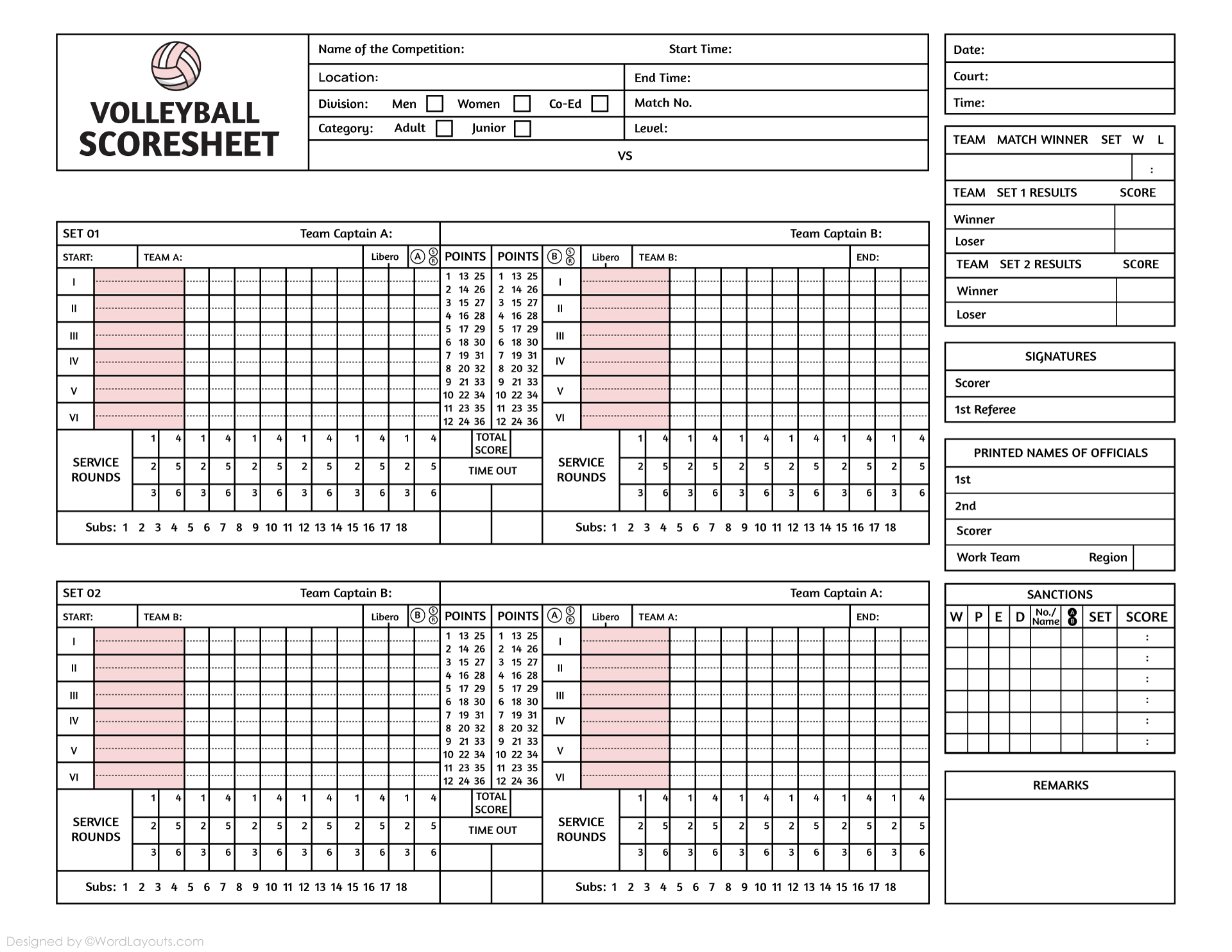 Volleyball Event Score Sheet Template - WordLayouts