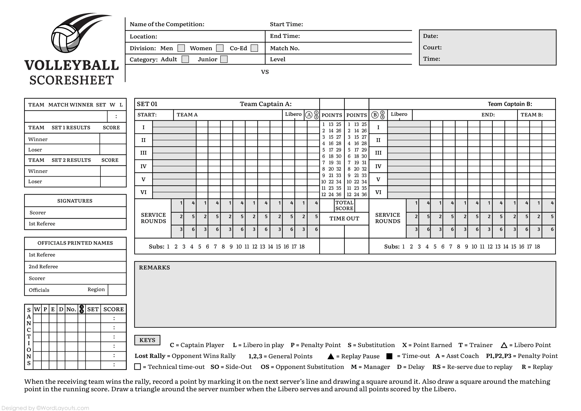 Volleyball Match Score Sheet Template - WordLayouts